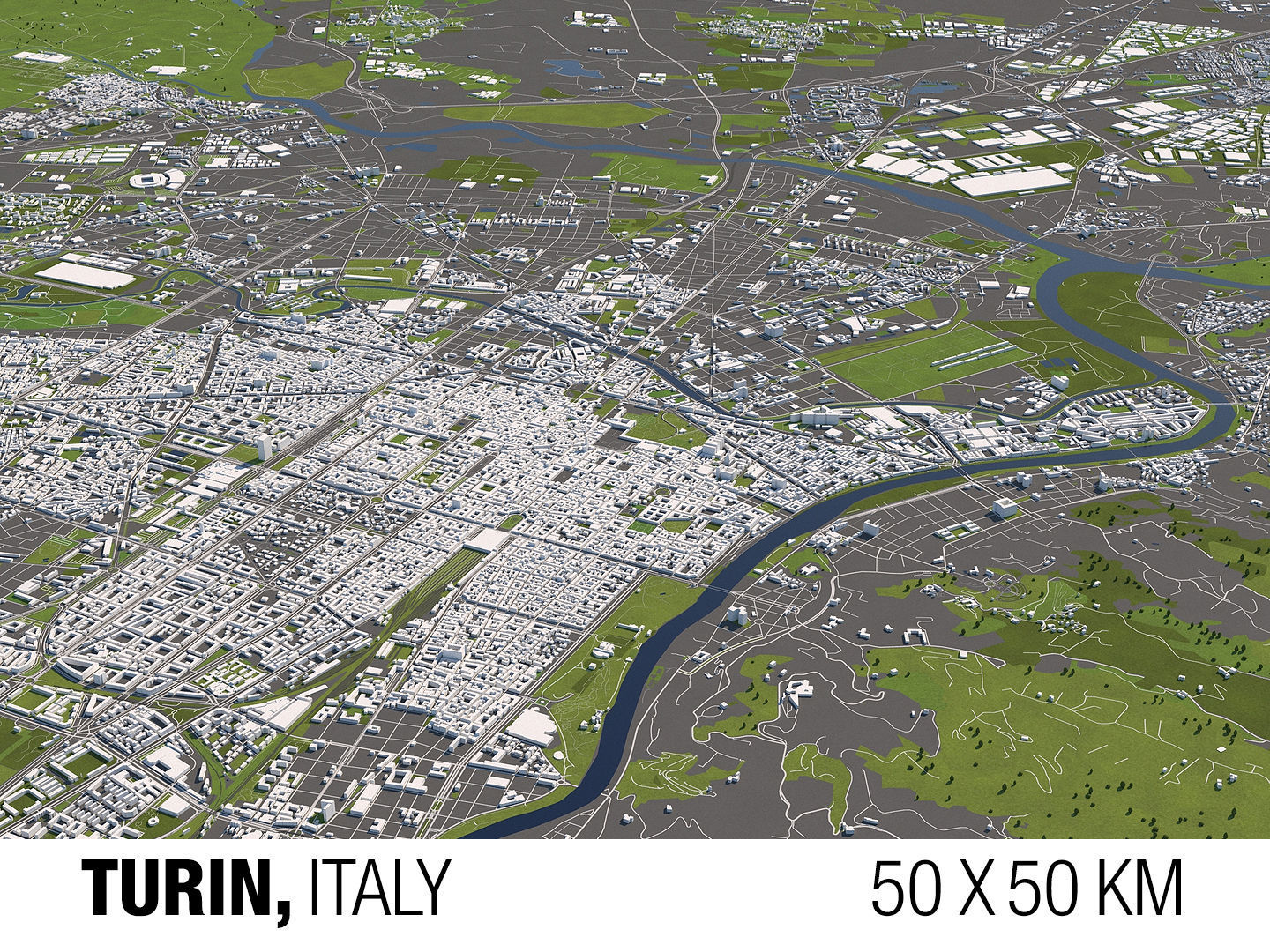 Turin Italy 50x50km 3D City Map 3D model | CGTrader