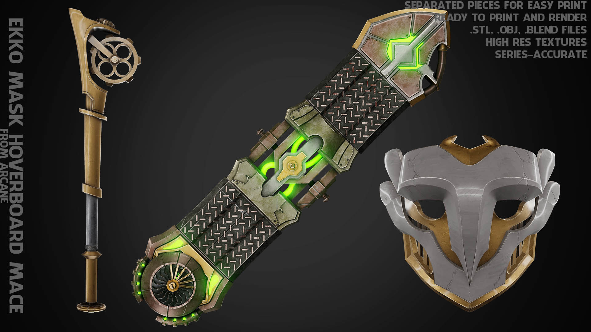 Arcane Ekko Fireflight Mask Hoverboard and Mace for Cosplay 3D Model ...