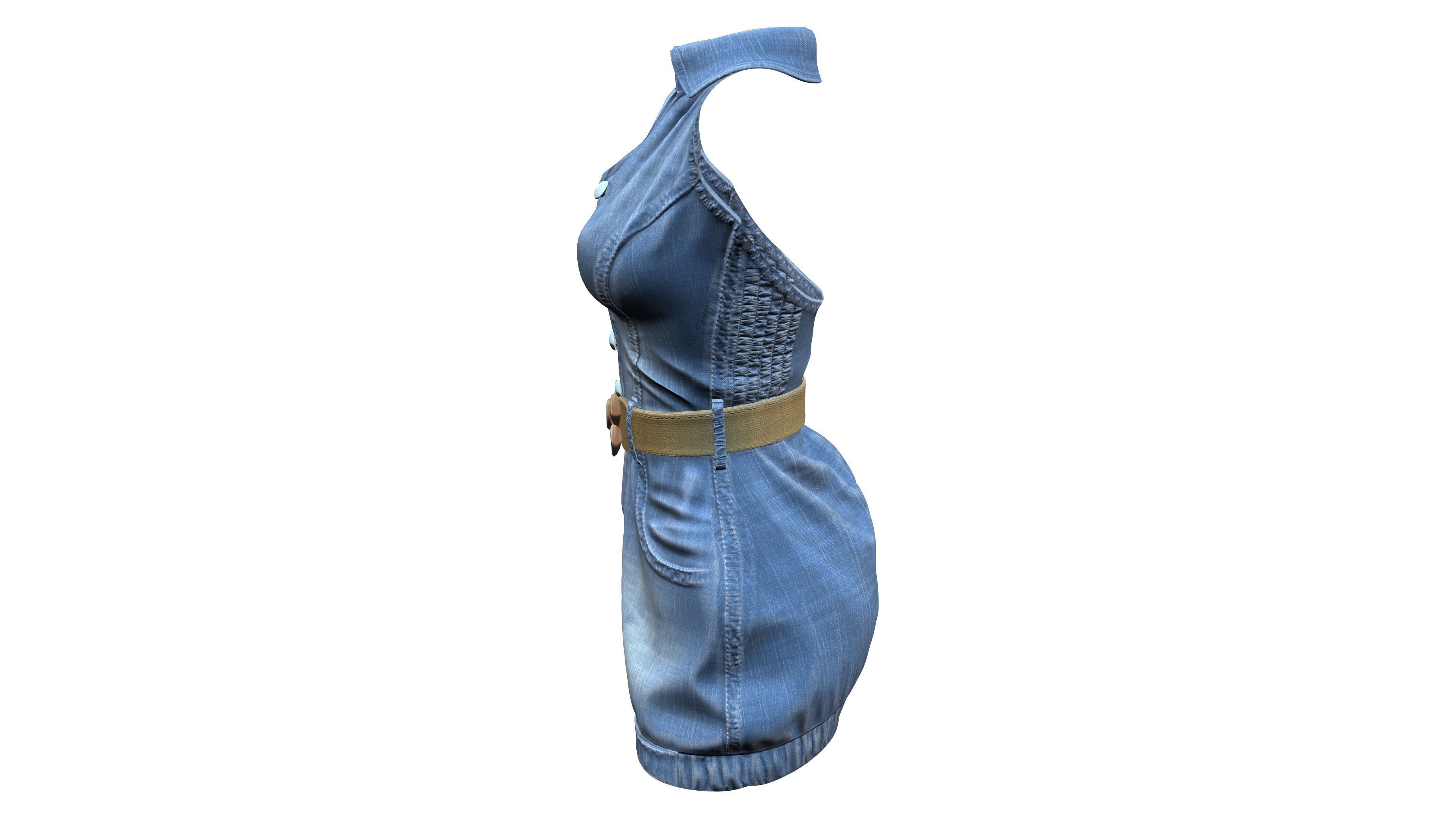 3D model Denim Backless Mini Dress Halterneck with Belt Button Front VR ...