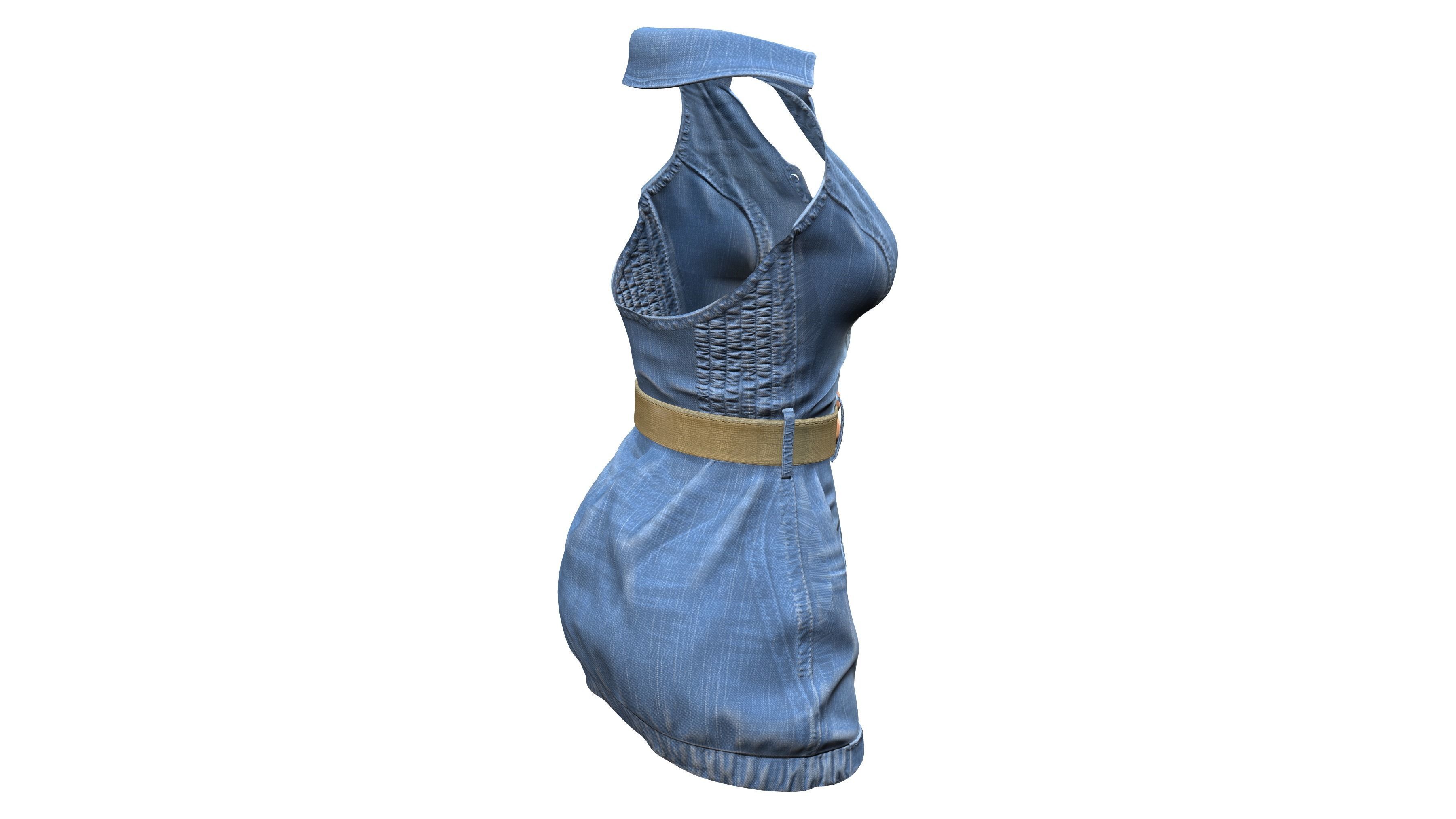 3D model Denim Backless Mini Dress Halterneck with Belt Button Front VR ...