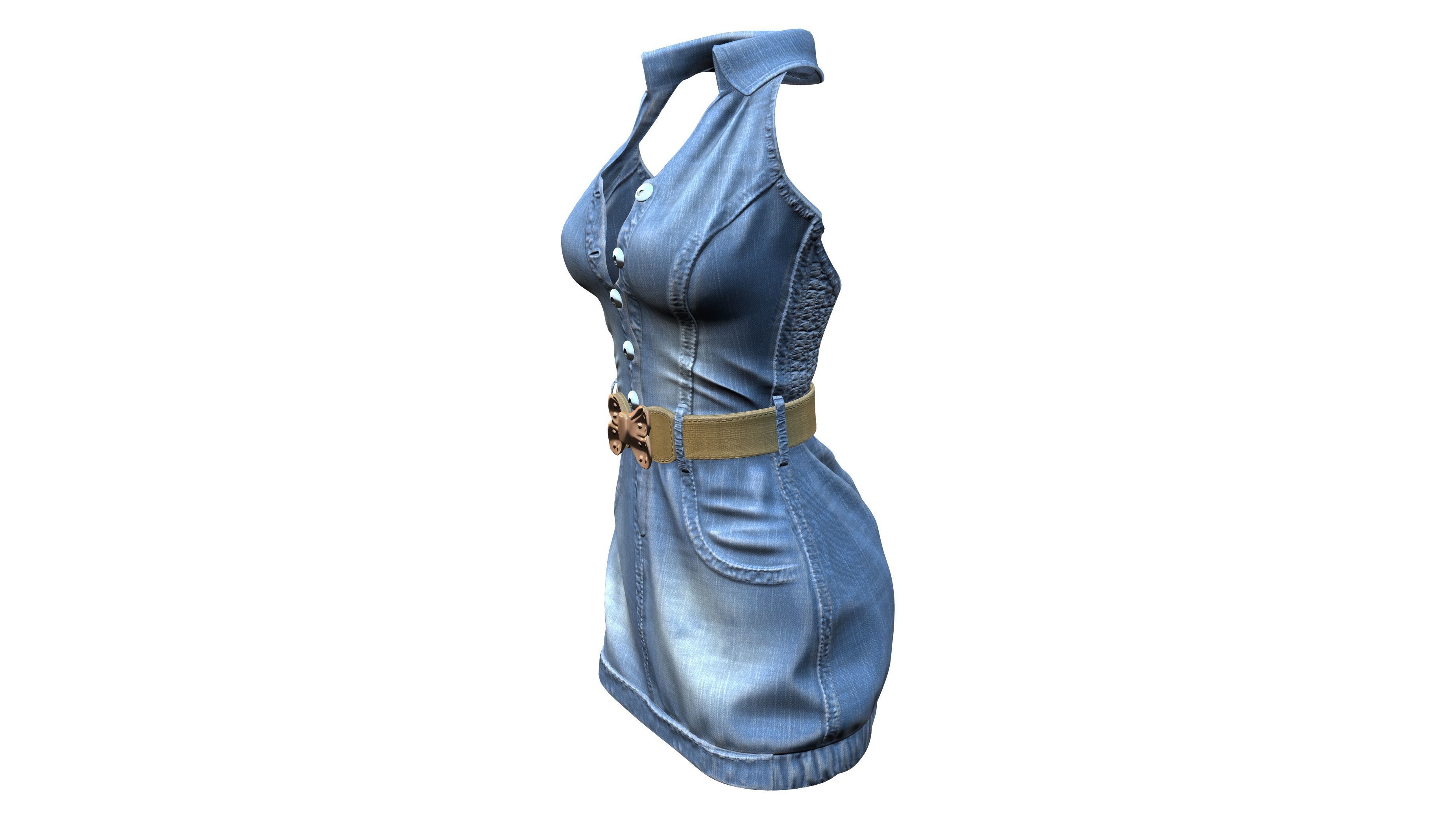 3D model Denim Backless Mini Dress Halterneck with Belt Button Front VR ...