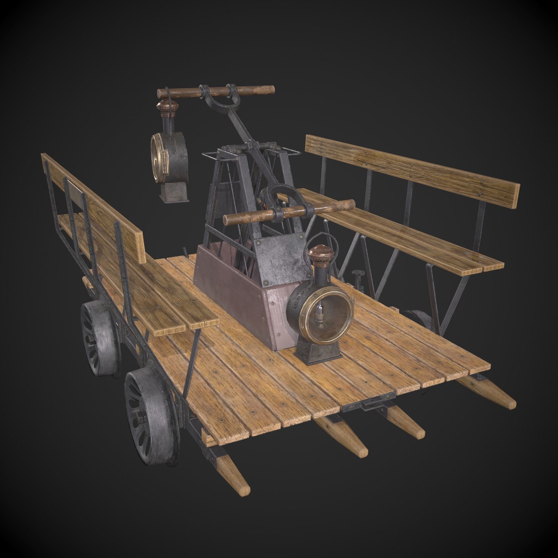 3D model Handcar wooden cart with steam engine VR / AR / low-poly ...