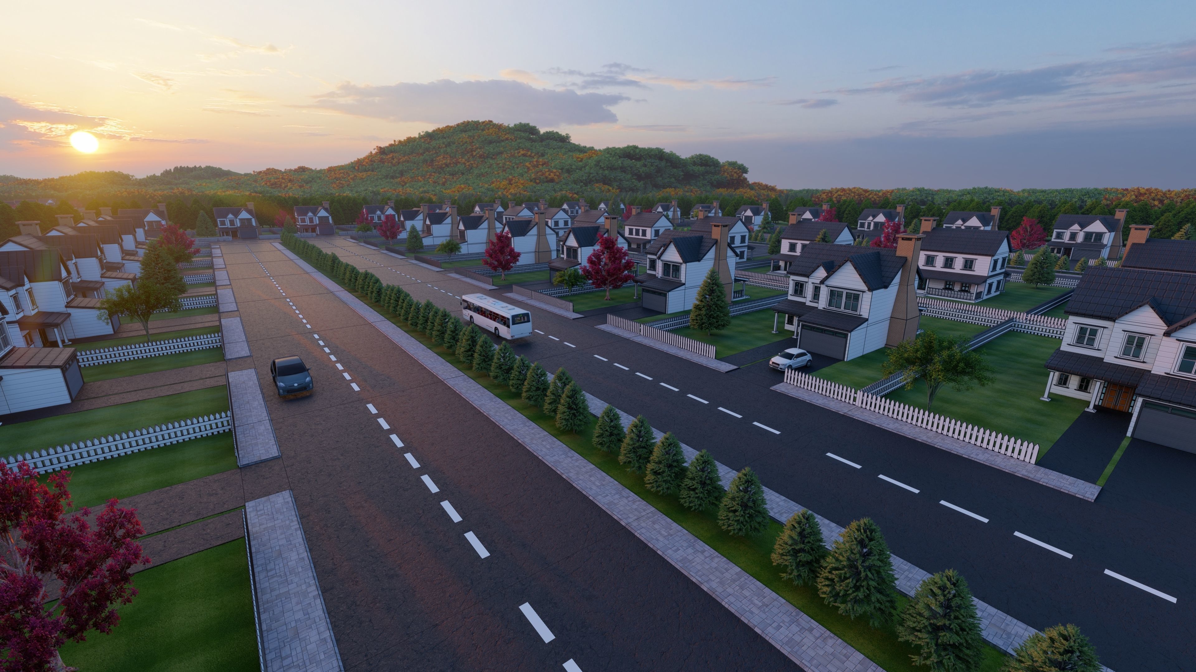 3D Neighborhood Model 6 residential street at sunset 3D model | CGTrader