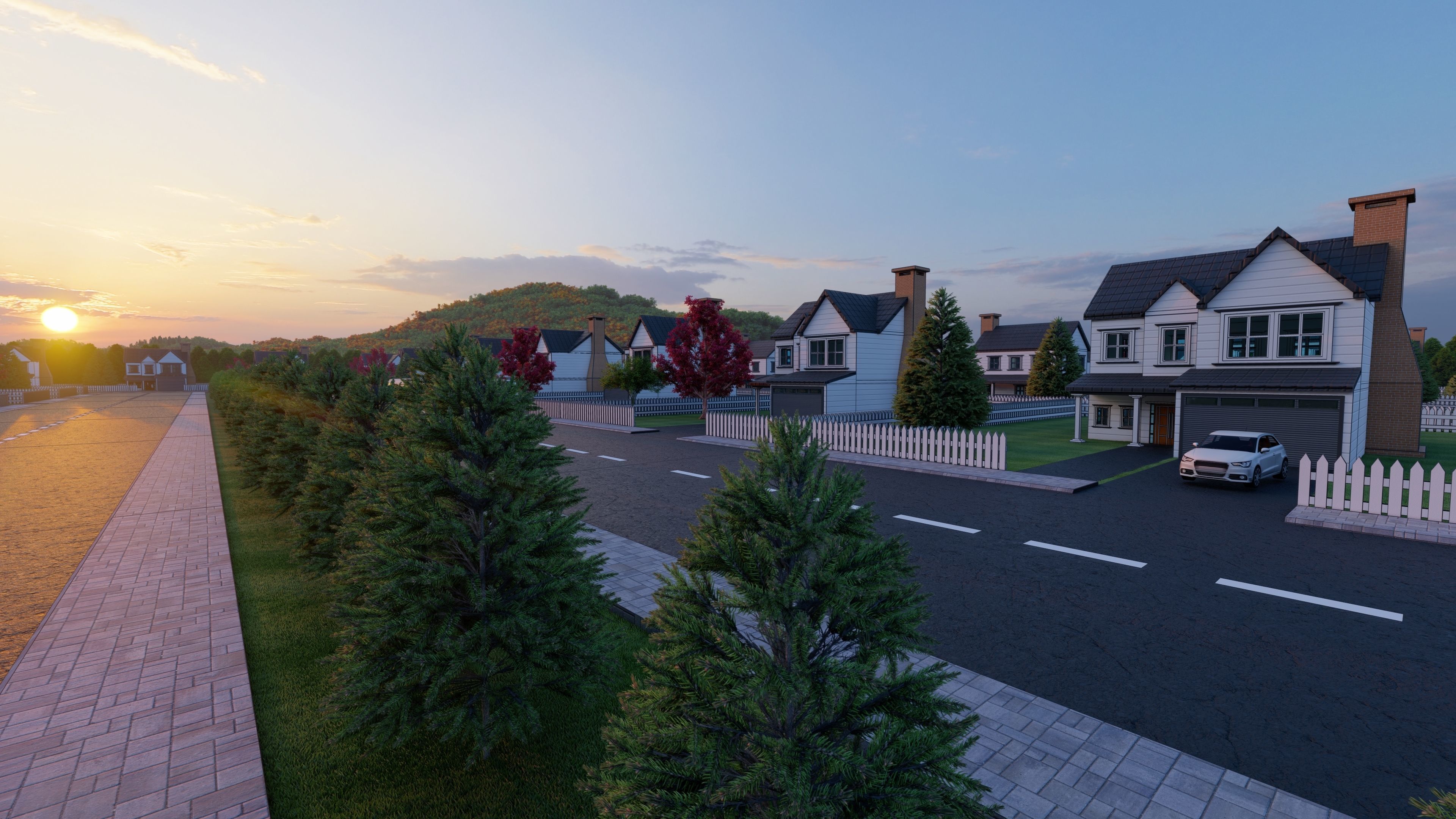 3D Neighborhood Model 6 residential street at sunset 3D model | CGTrader