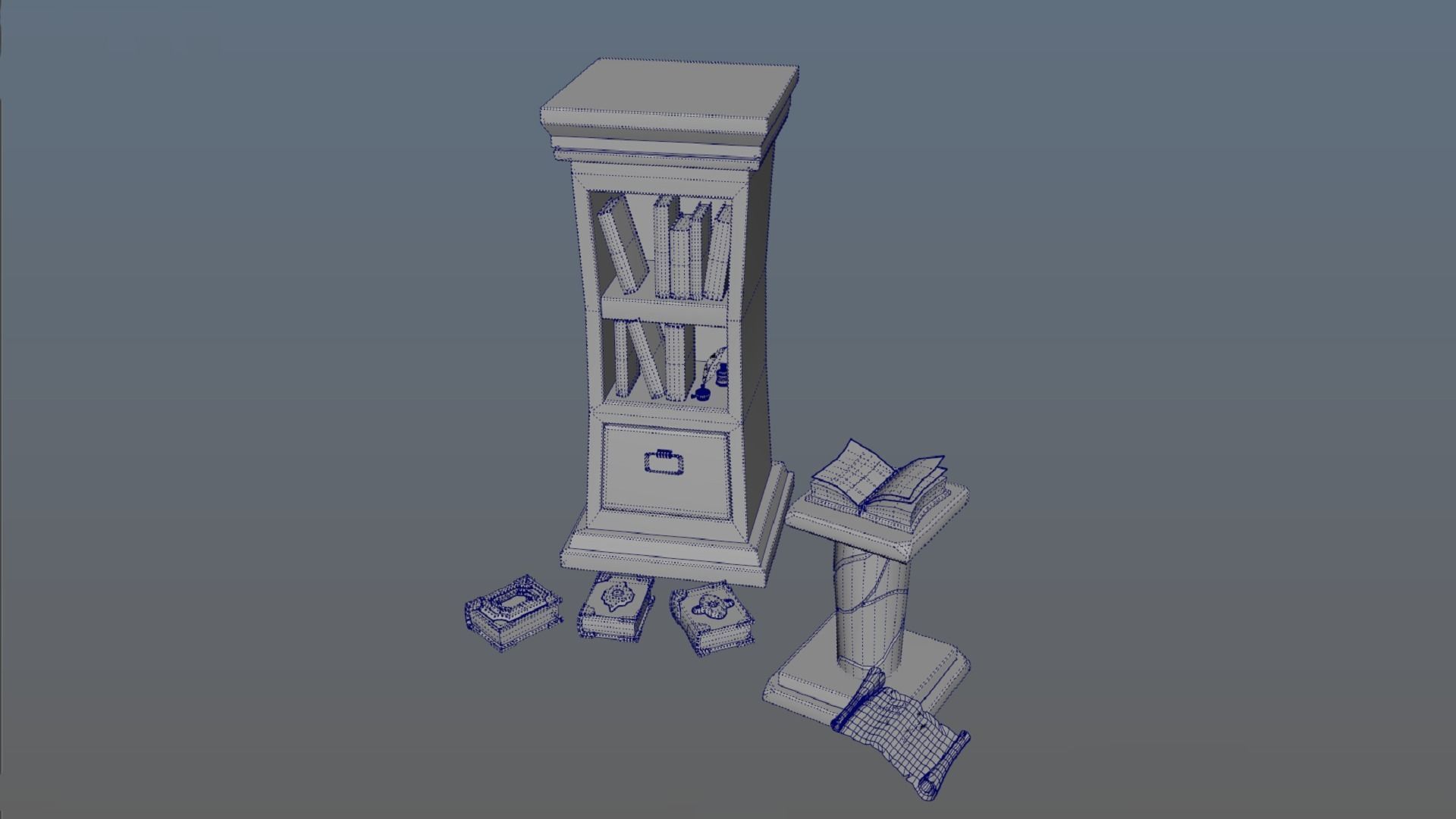 3D model Stylized set stone stand bookcase books papyrus scrolls VR ...