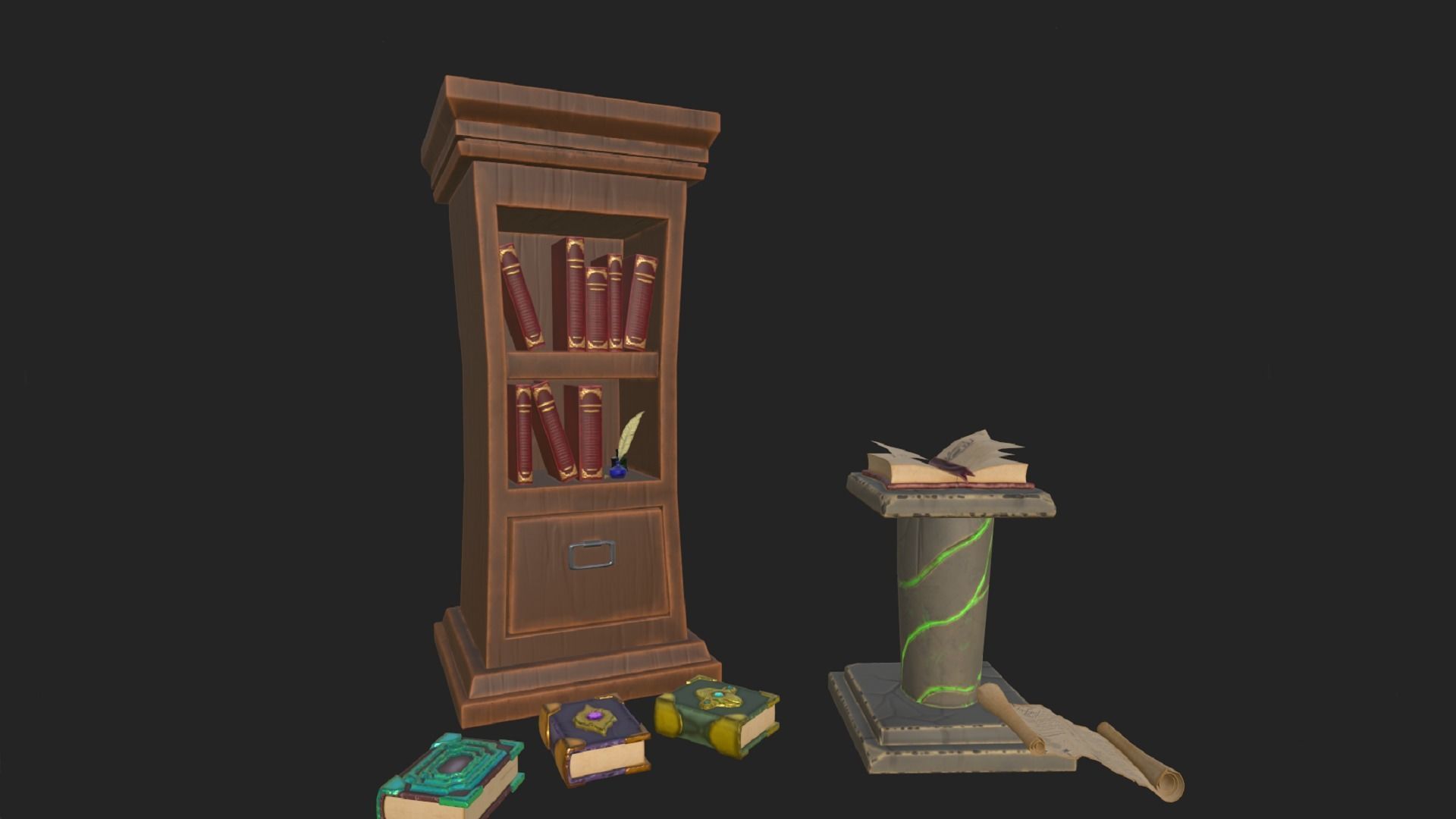 3D model Stylized set stone stand bookcase books papyrus scrolls VR ...