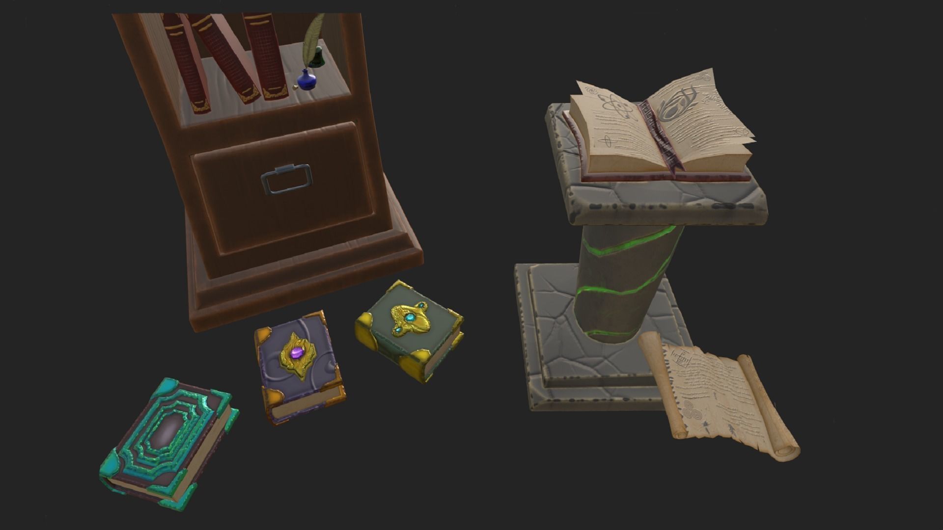 3D model Stylized set stone stand bookcase books papyrus scrolls VR ...