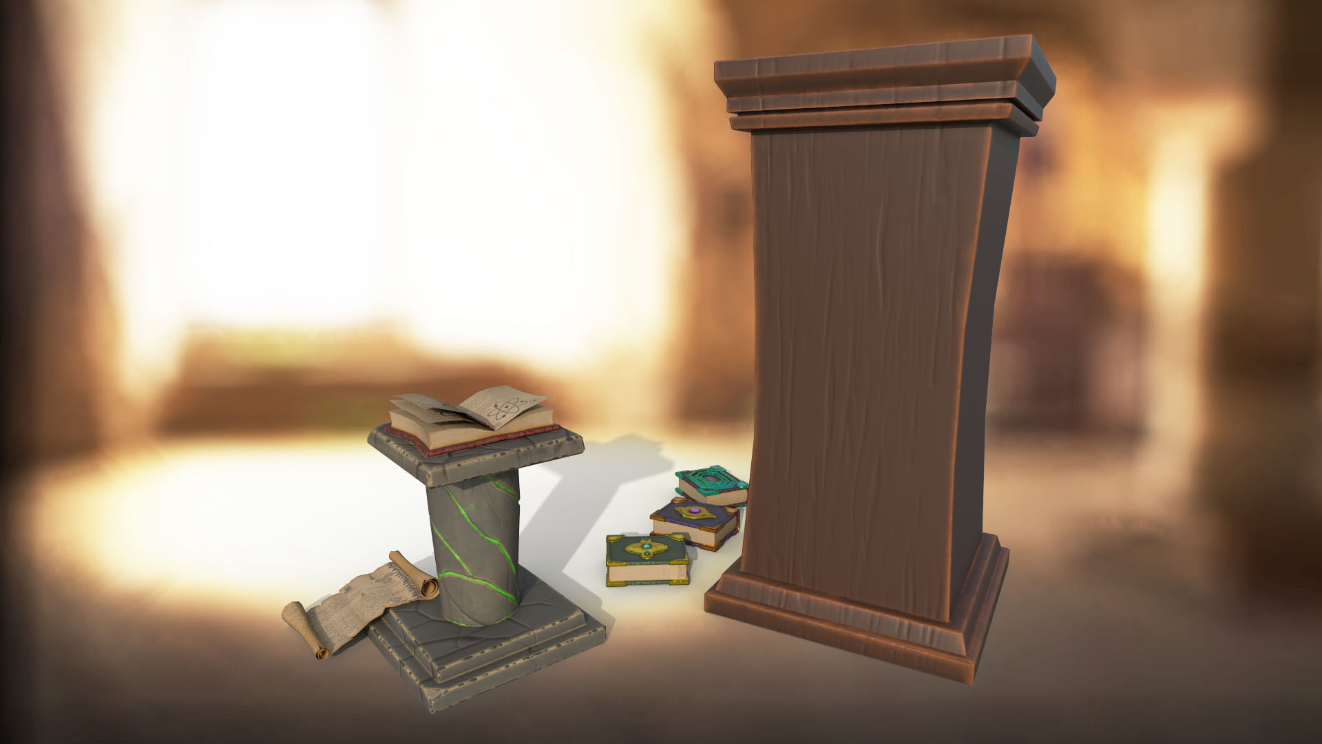 3D model Stylized set stone stand bookcase books papyrus scrolls VR ...