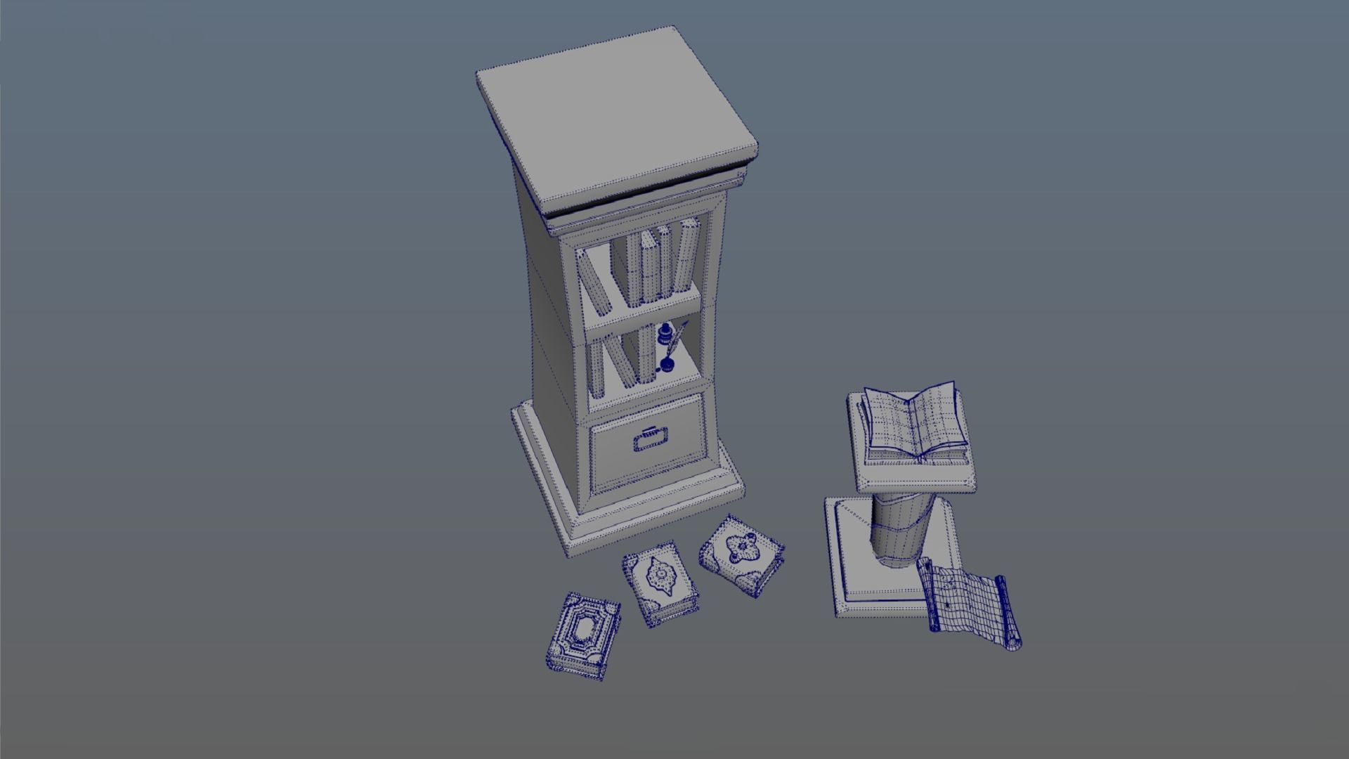 3D model Stylized set stone stand bookcase books papyrus scrolls VR ...