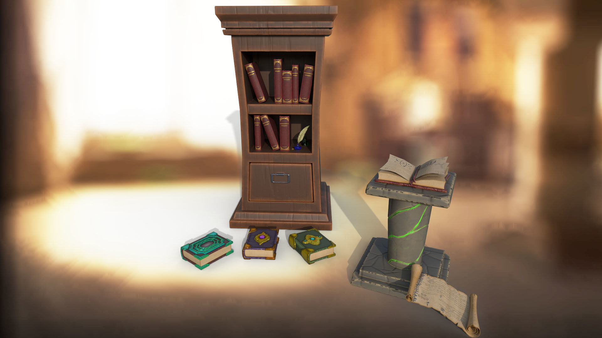 3D model Stylized set stone stand bookcase books papyrus scrolls VR ...