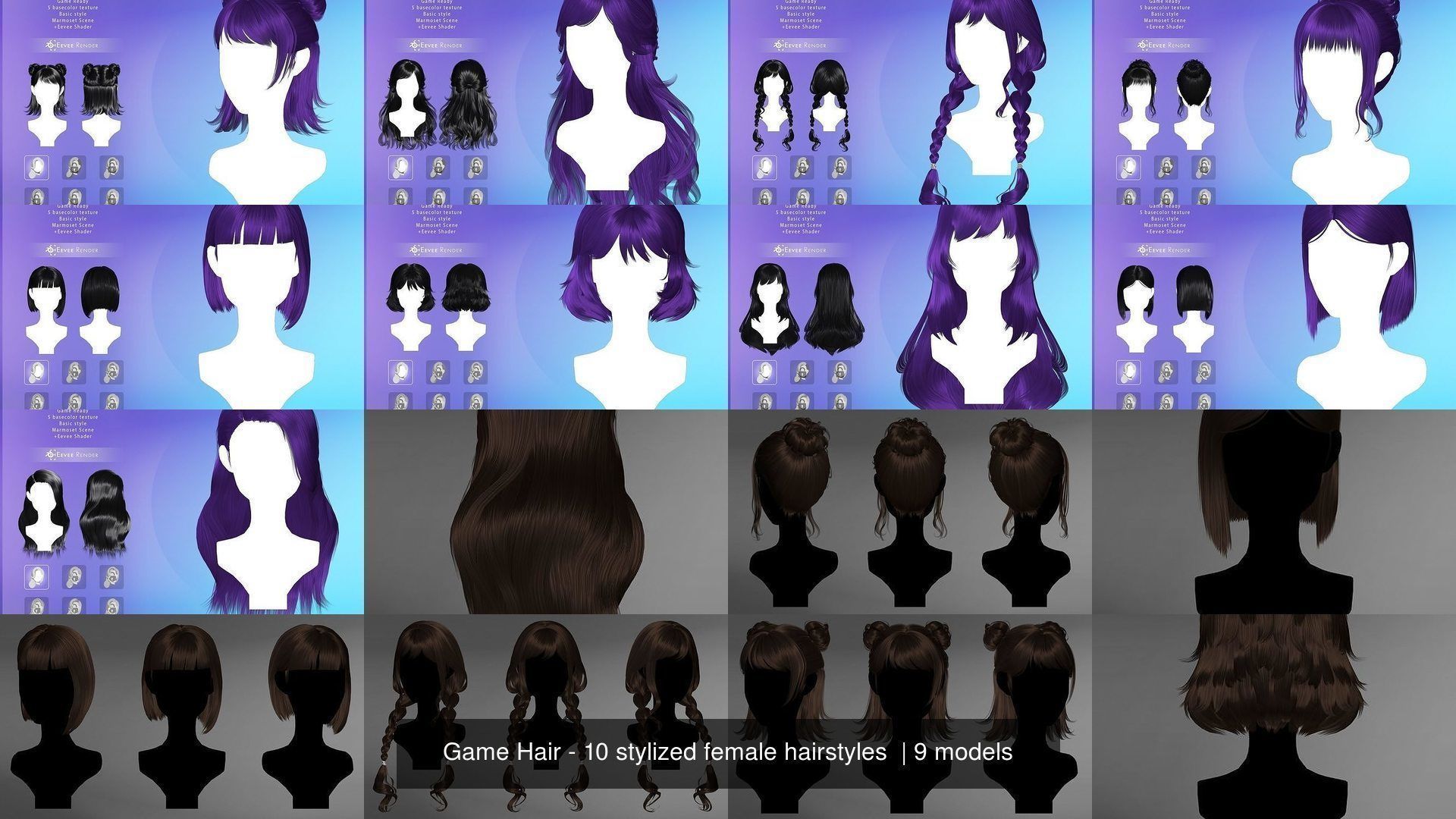 3D Model Collection Game Hair - 10 stylized female hairstyles VR / AR ...