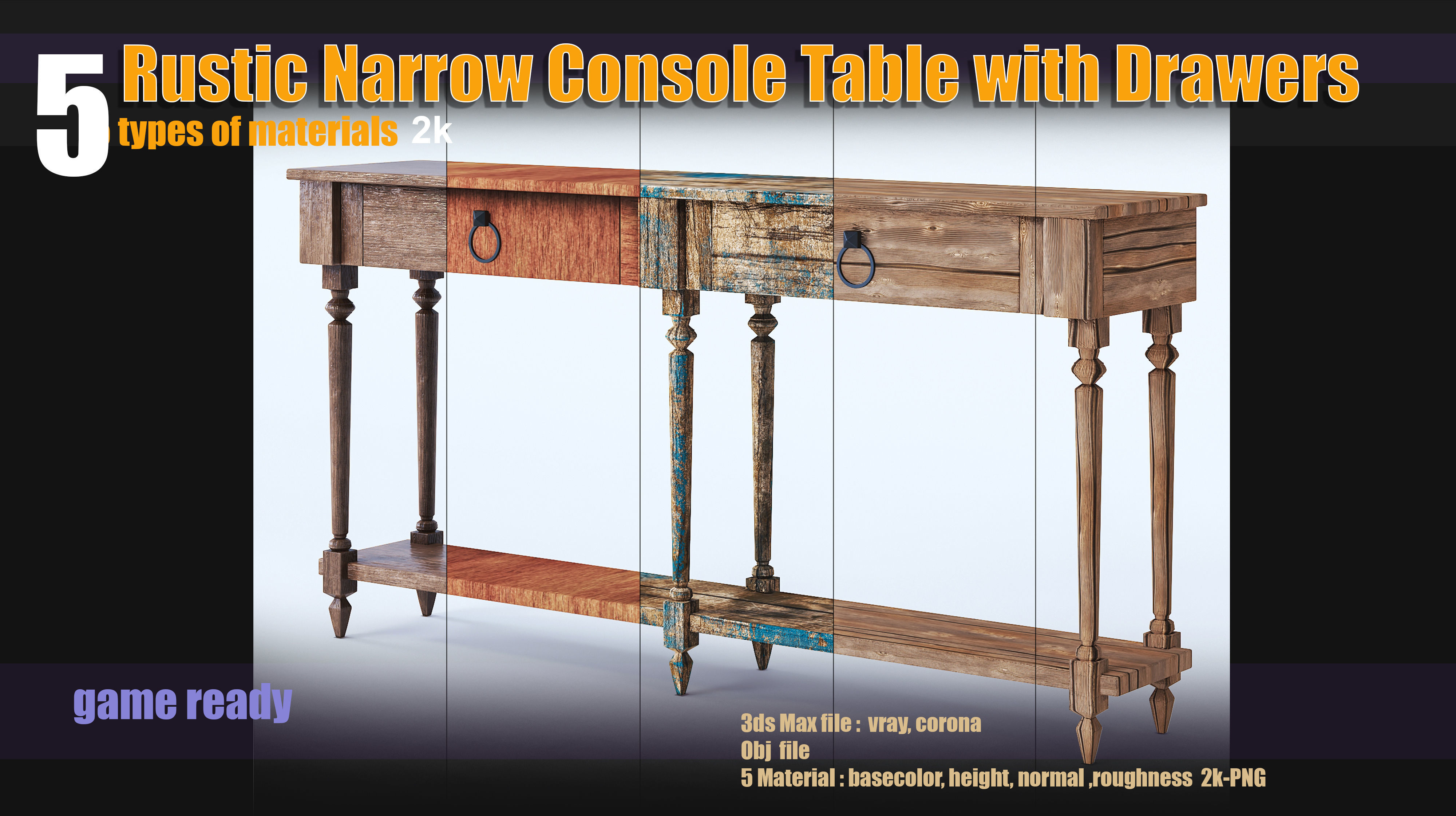 Rustic Narrow Console Table with Drawers 3D model | CGTrader