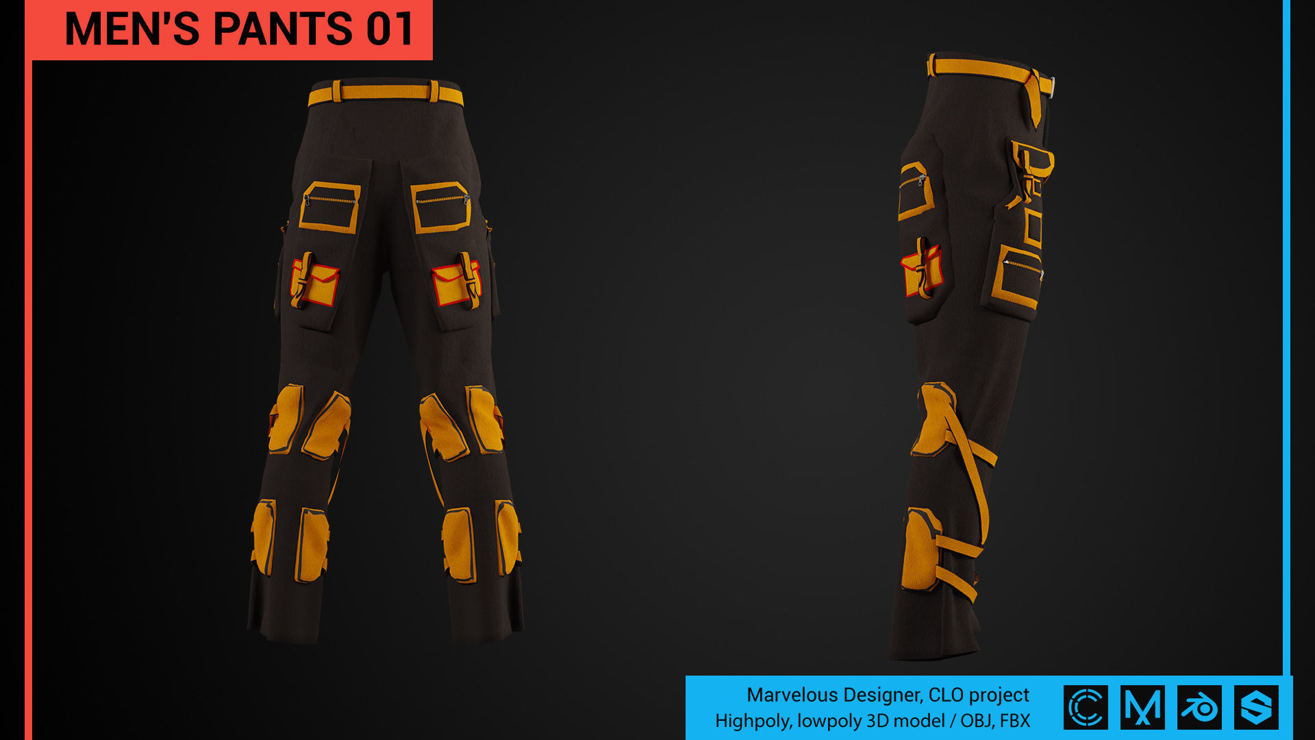 3D model Men pants Marvelous Designer CLO project VR / AR / low-poly ...