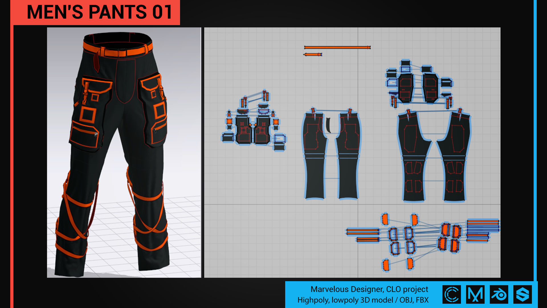3D model Men pants Marvelous Designer CLO project VR / AR / low-poly ...