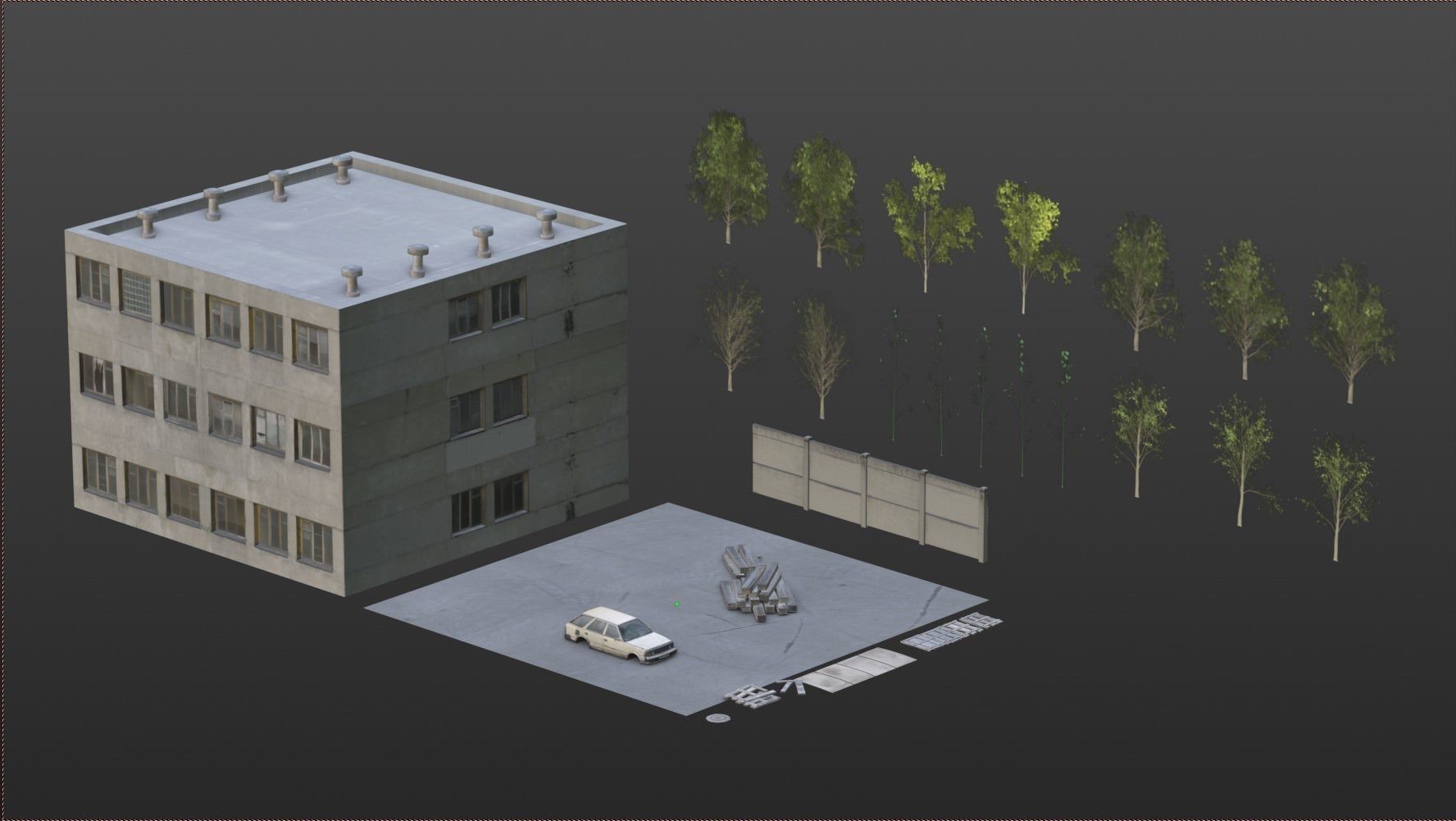 3D model Square empty parking lot with trees and car VR / AR / low-poly ...