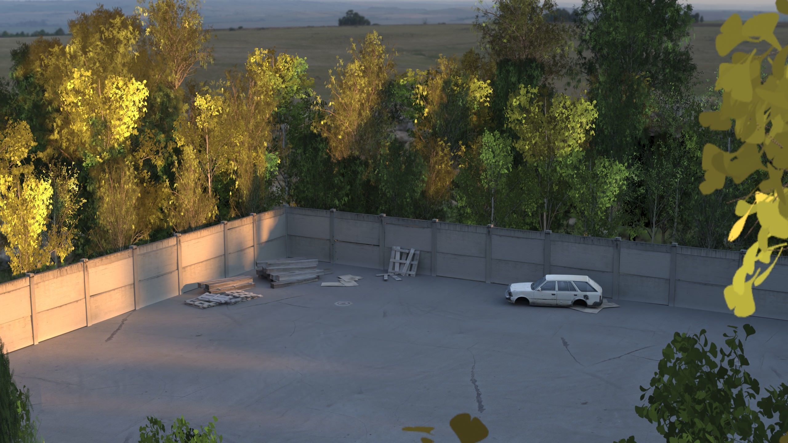 3D model Square empty parking lot with trees and car VR / AR / low-poly ...