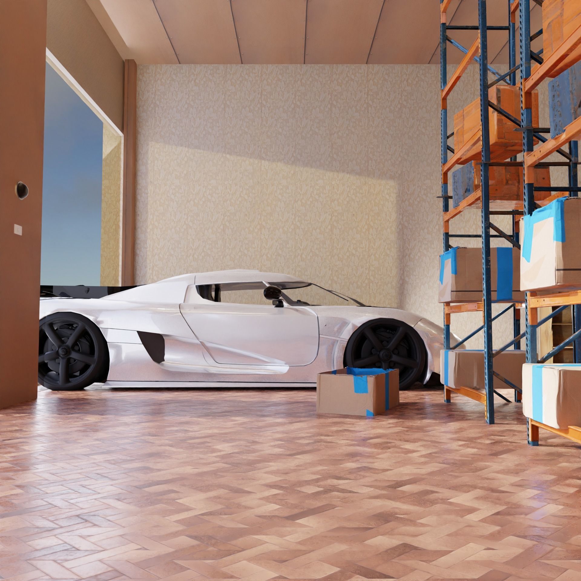 Warehouse full of boxes and Koenigsegg rigged car 3D model rigged ...