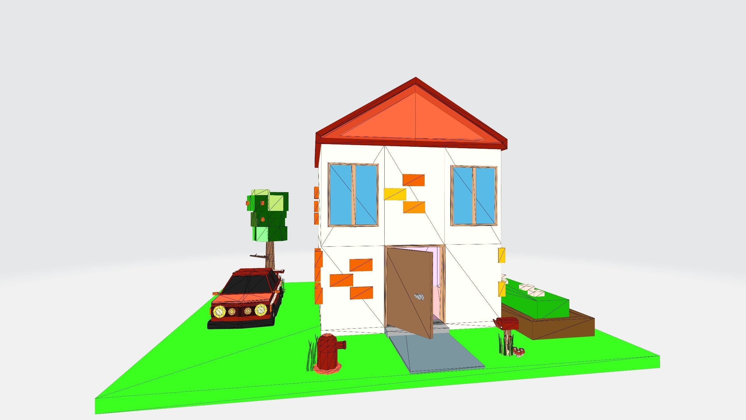 3D model Simple but powerful low poly cube house with car VR / AR / low ...