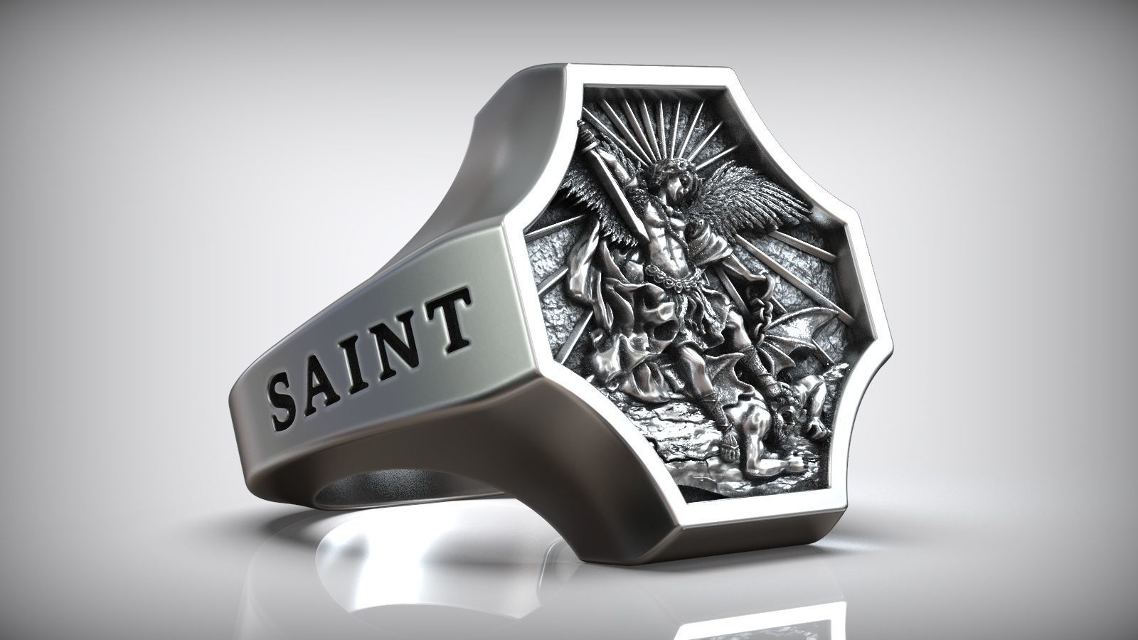 Archangel Michael Defeating Satan Basrelief Men Ring 3D model 3D ...
