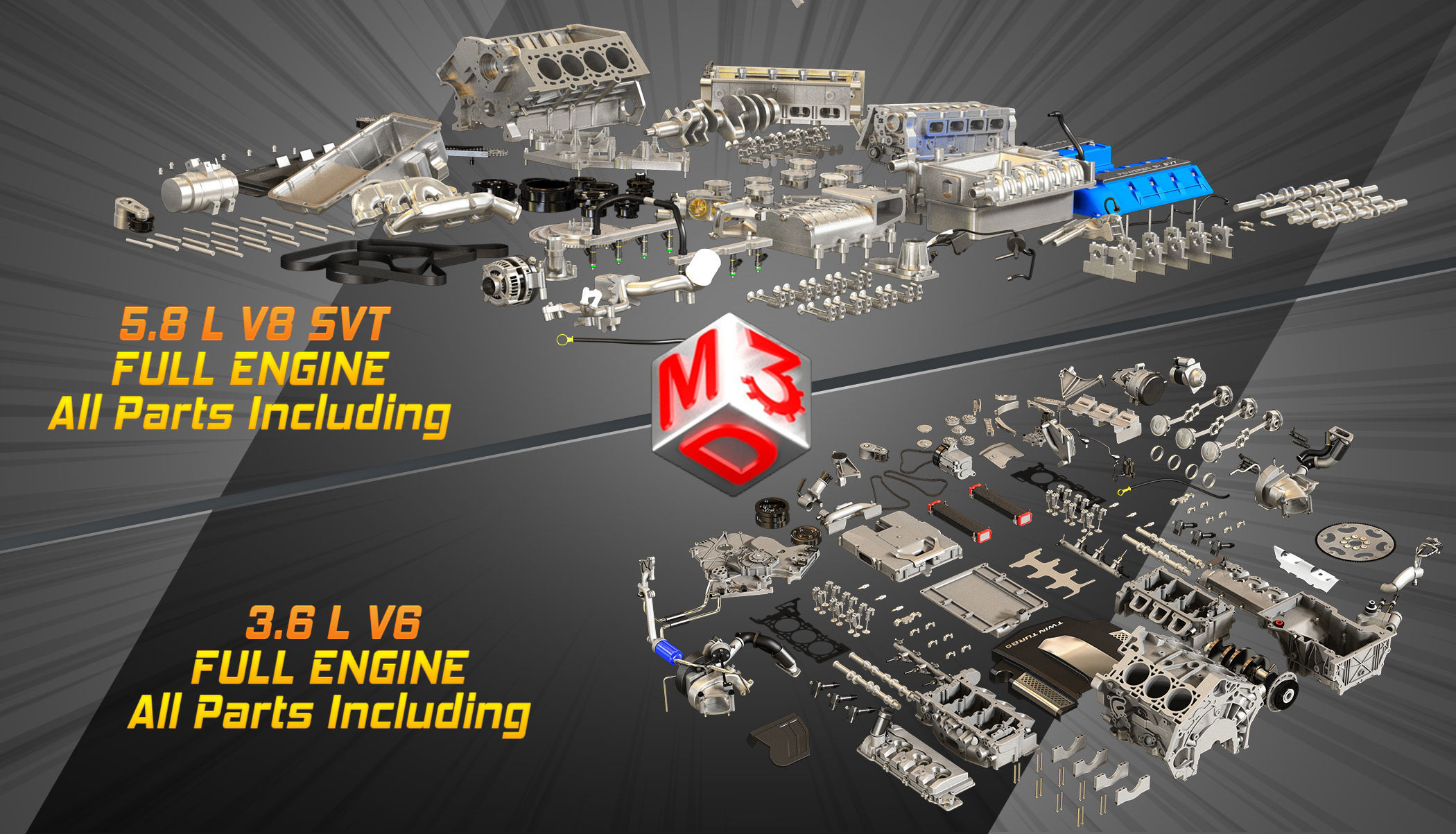 V8 and V6 Full Internal Parts - Disassembled Full Engines 3D Model ...