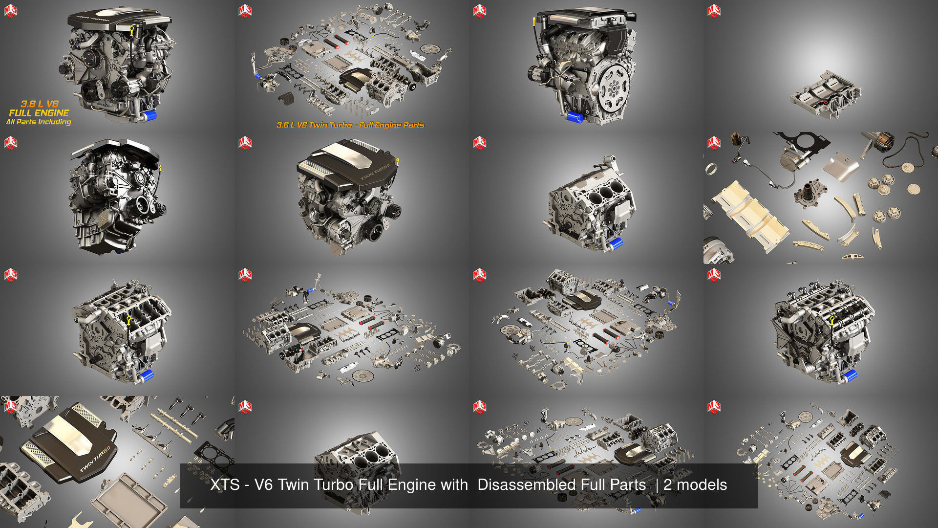 XTS - V6 Twin Turbo Full Engine with Disassembled Full Parts 3D Model ...