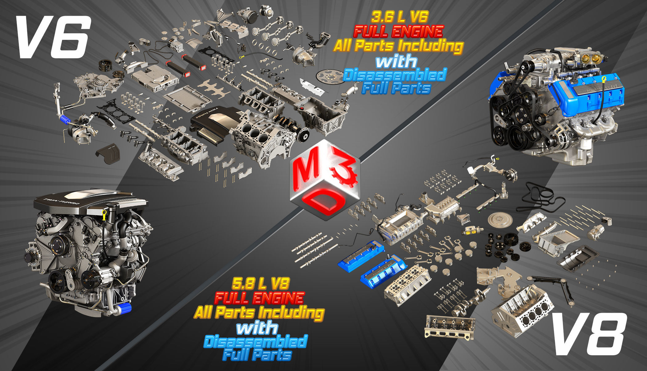 V8 and V6 Full Internal Parts with Disassembled Full Parts 3D Model ...