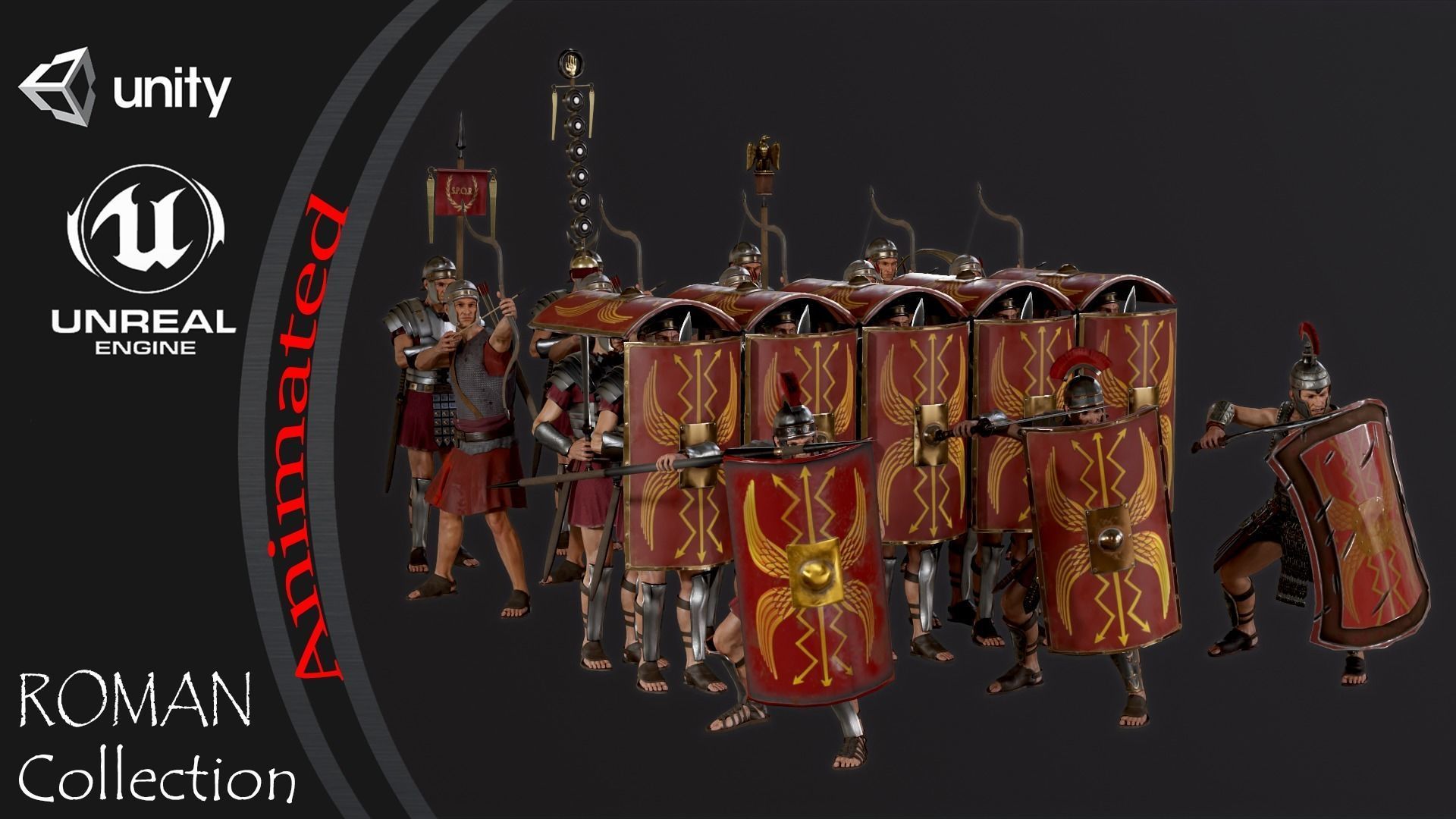 Roman Collection group of soldiers with helmets and shields VR / AR ...