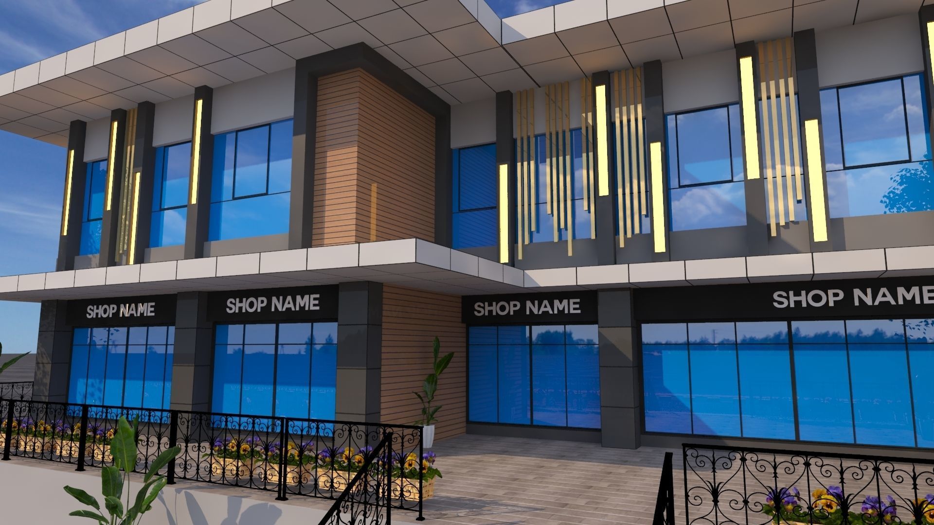 3D model modern commercial building facade design VR / AR / low-poly ...