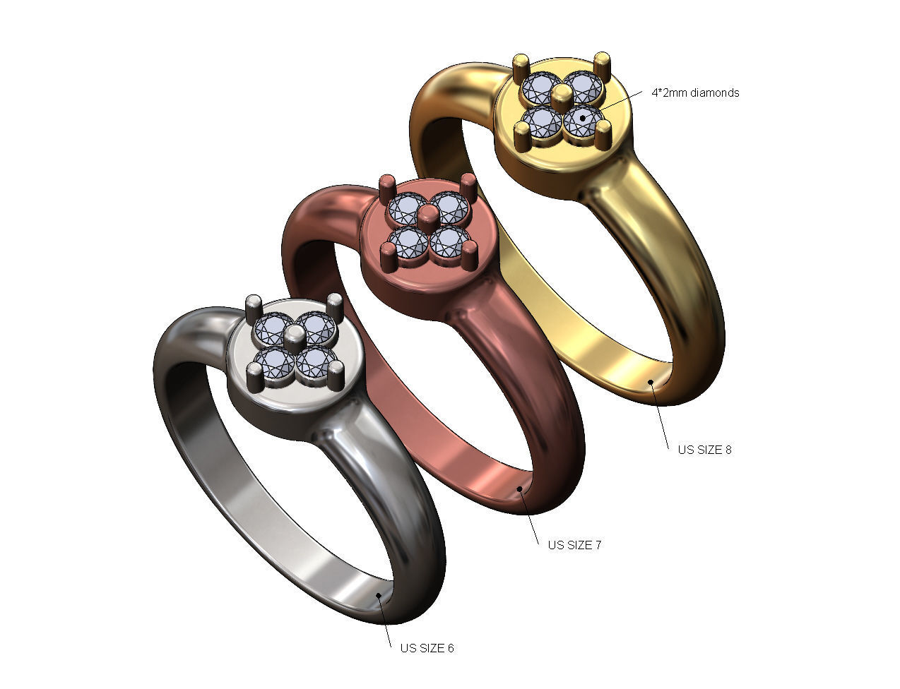 Small Round signet and square cluster signet Us sizes 6 7 8 3D model 3D ...