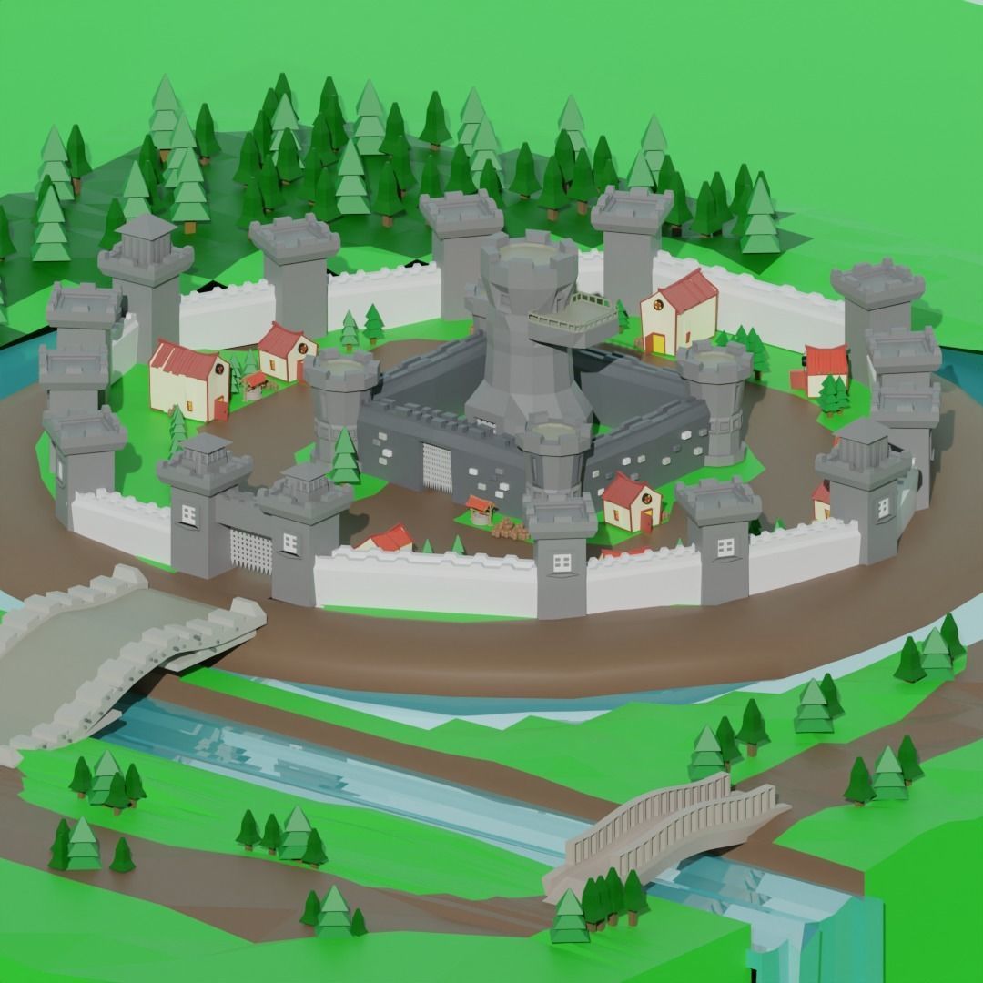3D model Low Poly Kingdom toy castle in middle of field VR / AR / low ...