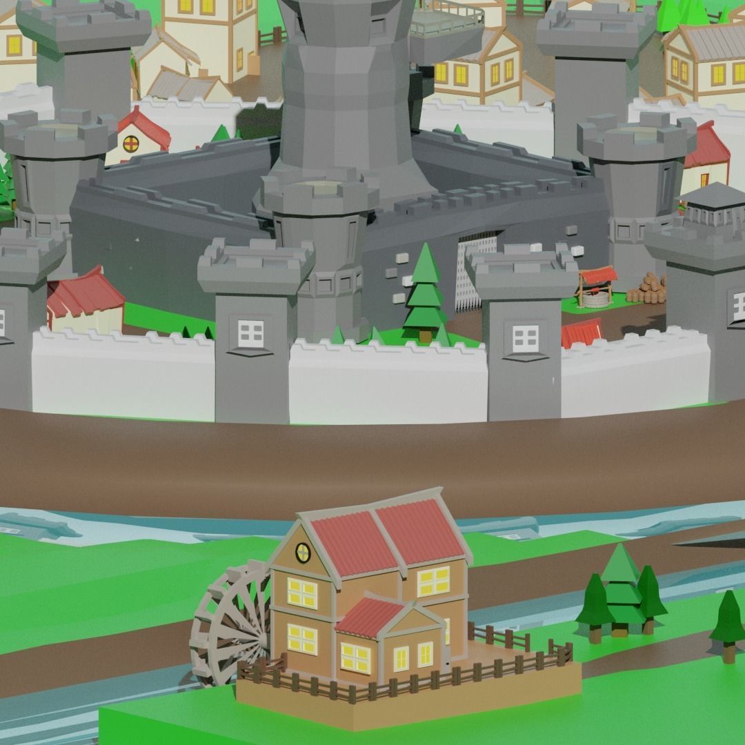 3D model Low Poly Kingdom toy castle in middle of field VR / AR / low ...