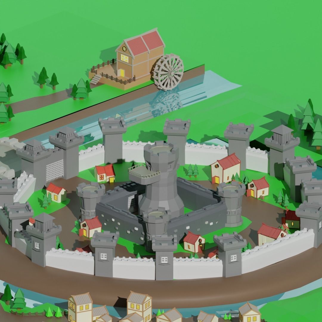 3D model Low Poly Kingdom toy castle in middle of field VR / AR / low ...