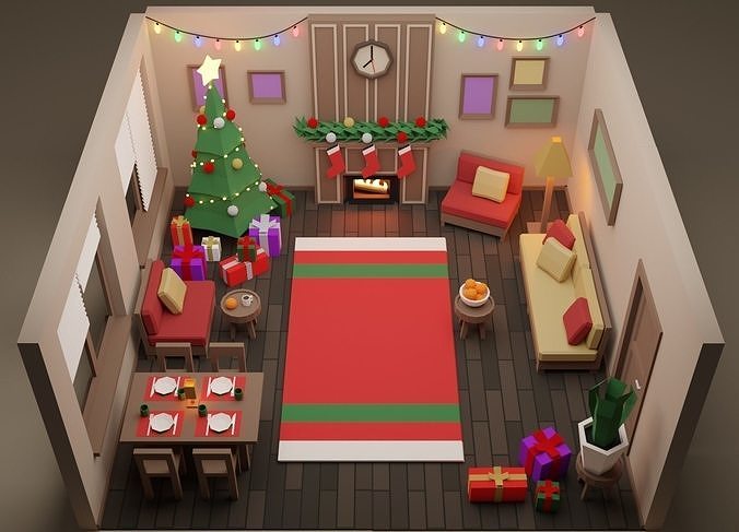 3D model Low Poly Modular Simple Christmas Interior Pack VR / AR / low ...