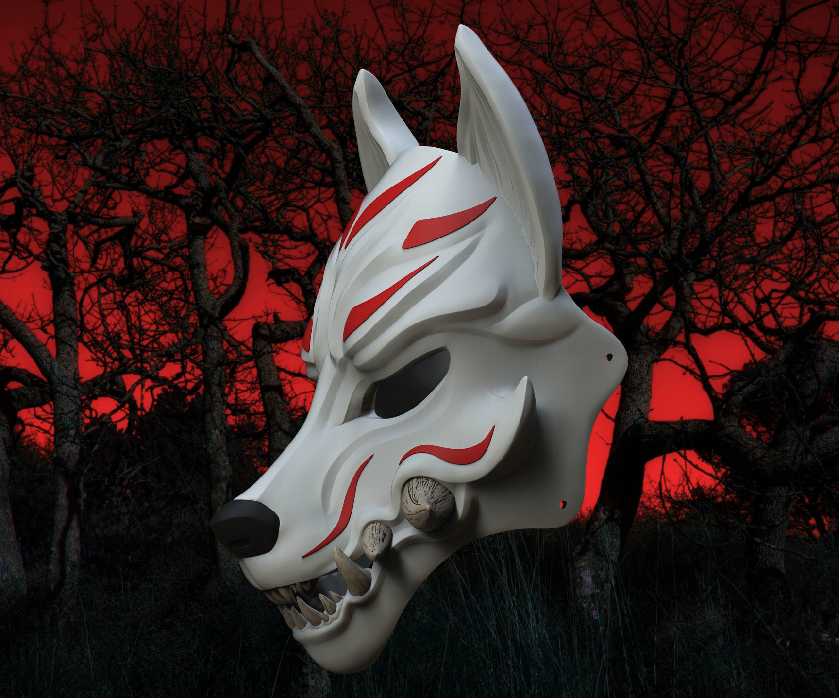 Kitsune Mask with fangs Anime Mask 3D model 3D printable | CGTrader