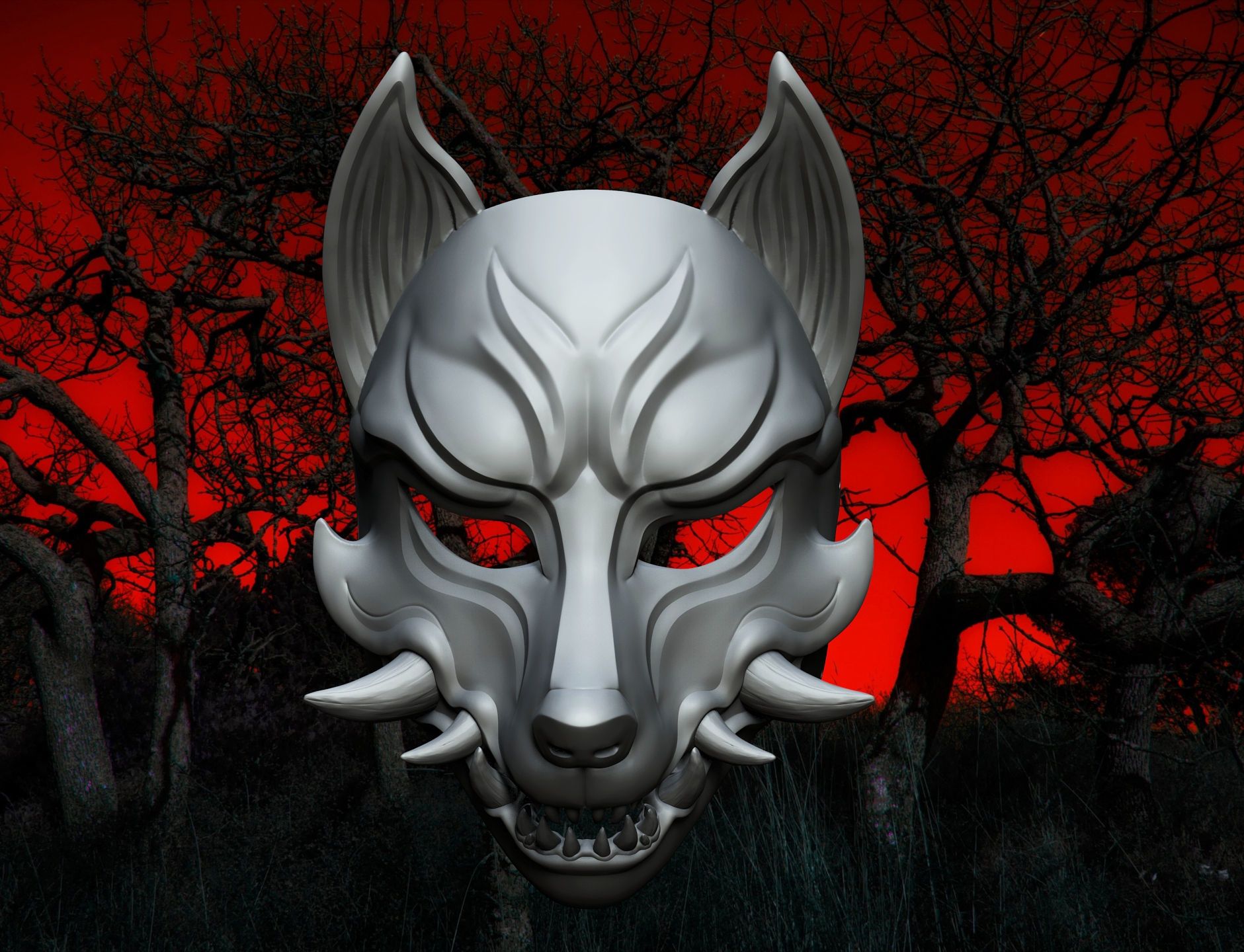 Kitsune Mask with fangs Anime Mask 3D model 3D printable | CGTrader