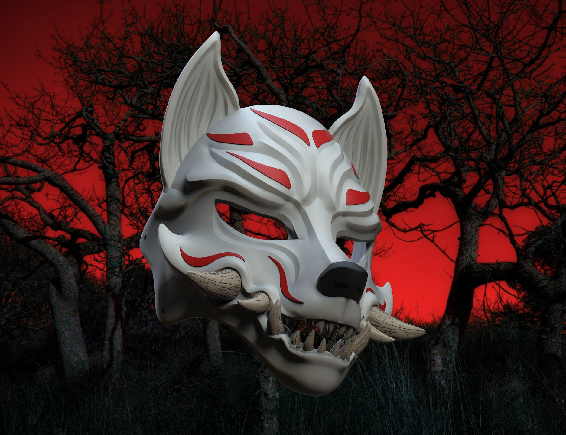 Kitsune Mask with fangs Anime Mask 3D model 3D printable | CGTrader