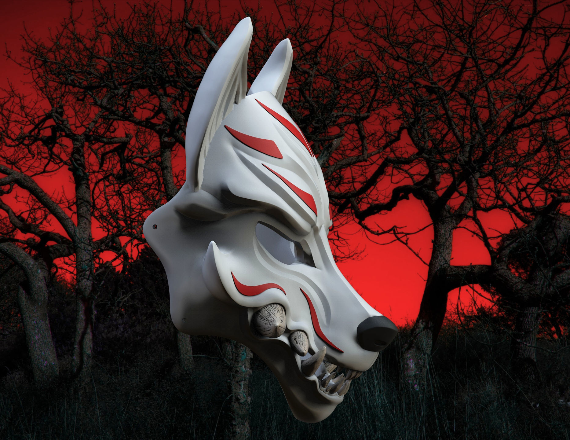 Kitsune Mask with fangs Anime Mask 3D model 3D printable | CGTrader