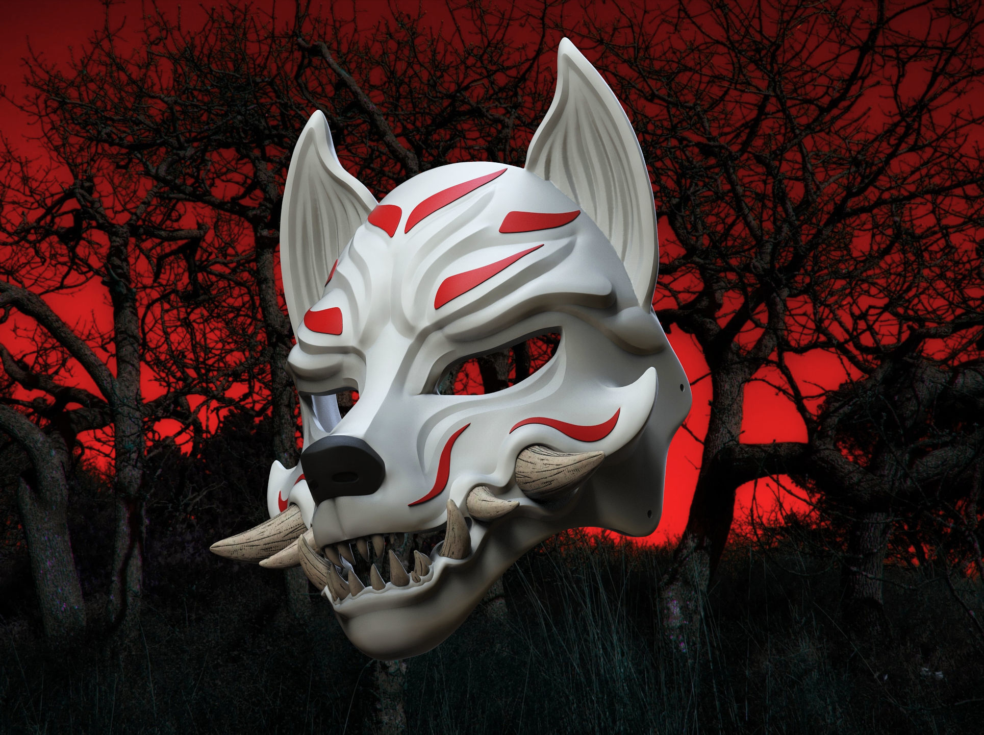 Kitsune Mask with fangs Anime Mask 3D model 3D printable | CGTrader