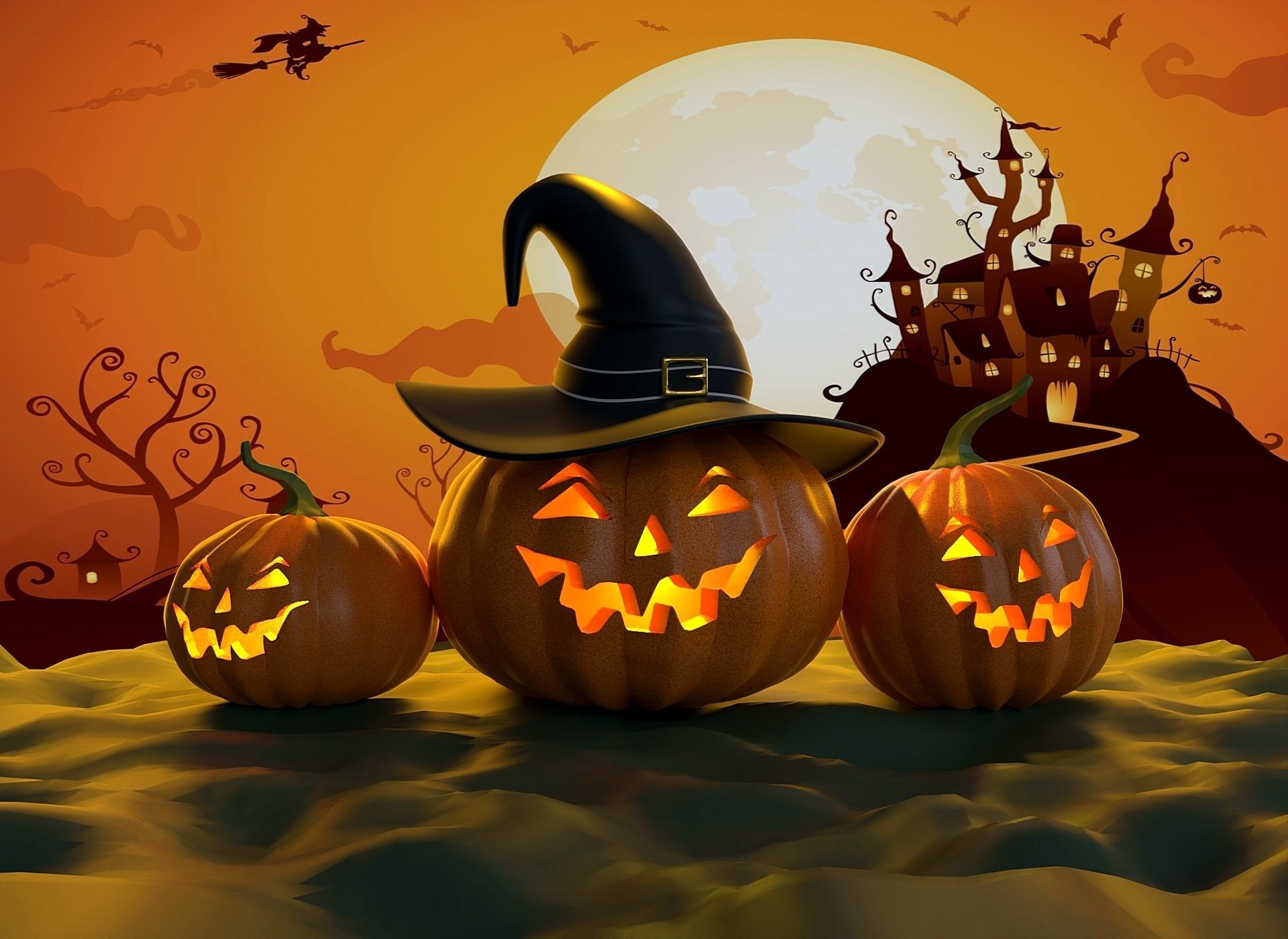 Three glowing halloween pumpkins 3D model | CGTrader