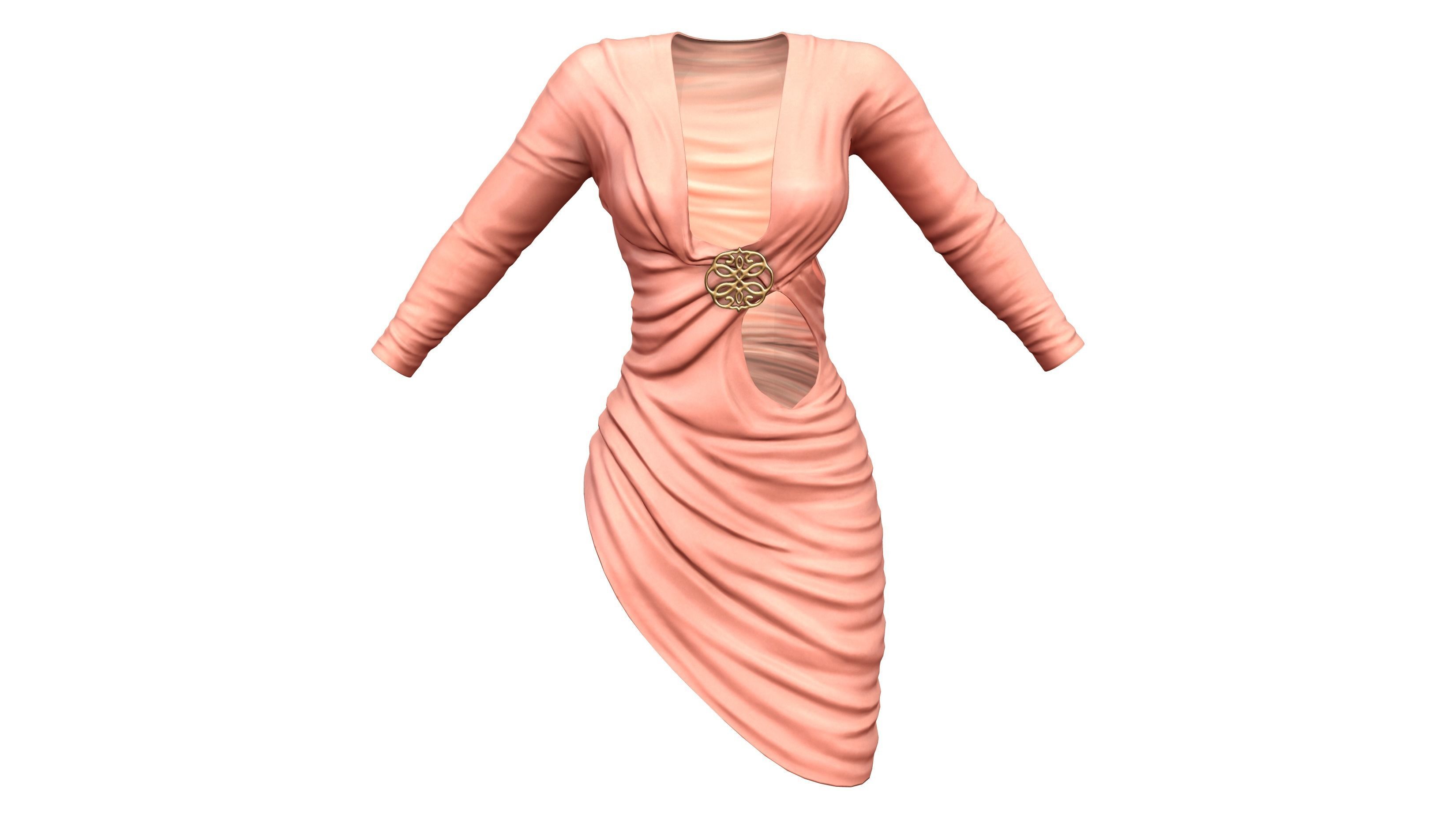 3D model Asymmetric Skirt Brooch Pin Held Chest Peach Gathered Dress VR ...