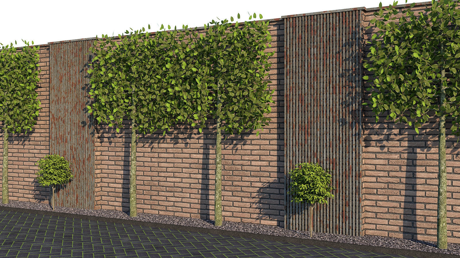Brick Fence With Pleached Trees 3D model | CGTrader