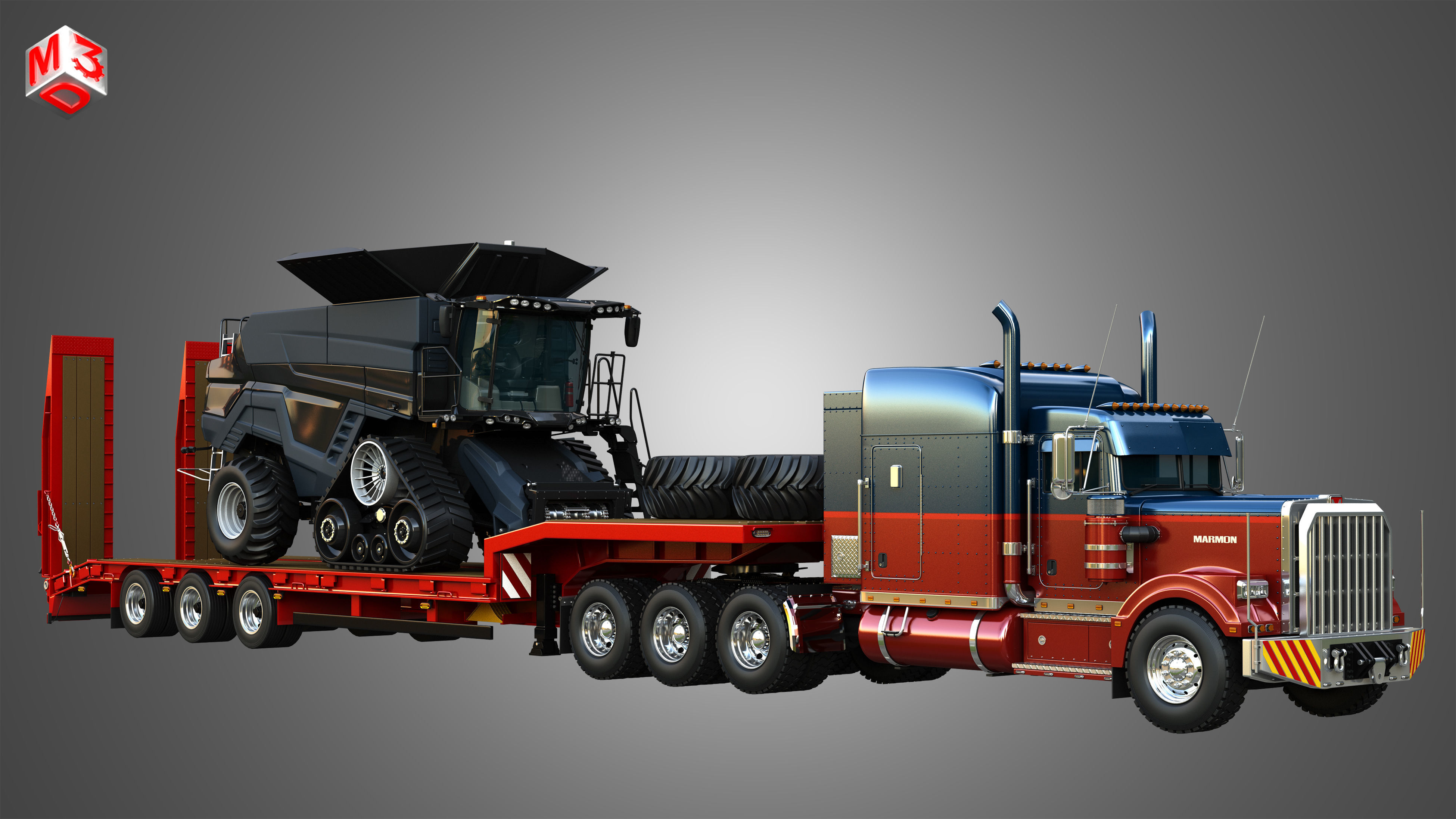 57P Heavy Duty 3-Axle Semi Truck with Combine Harvester 3 in 1 3D Model ...