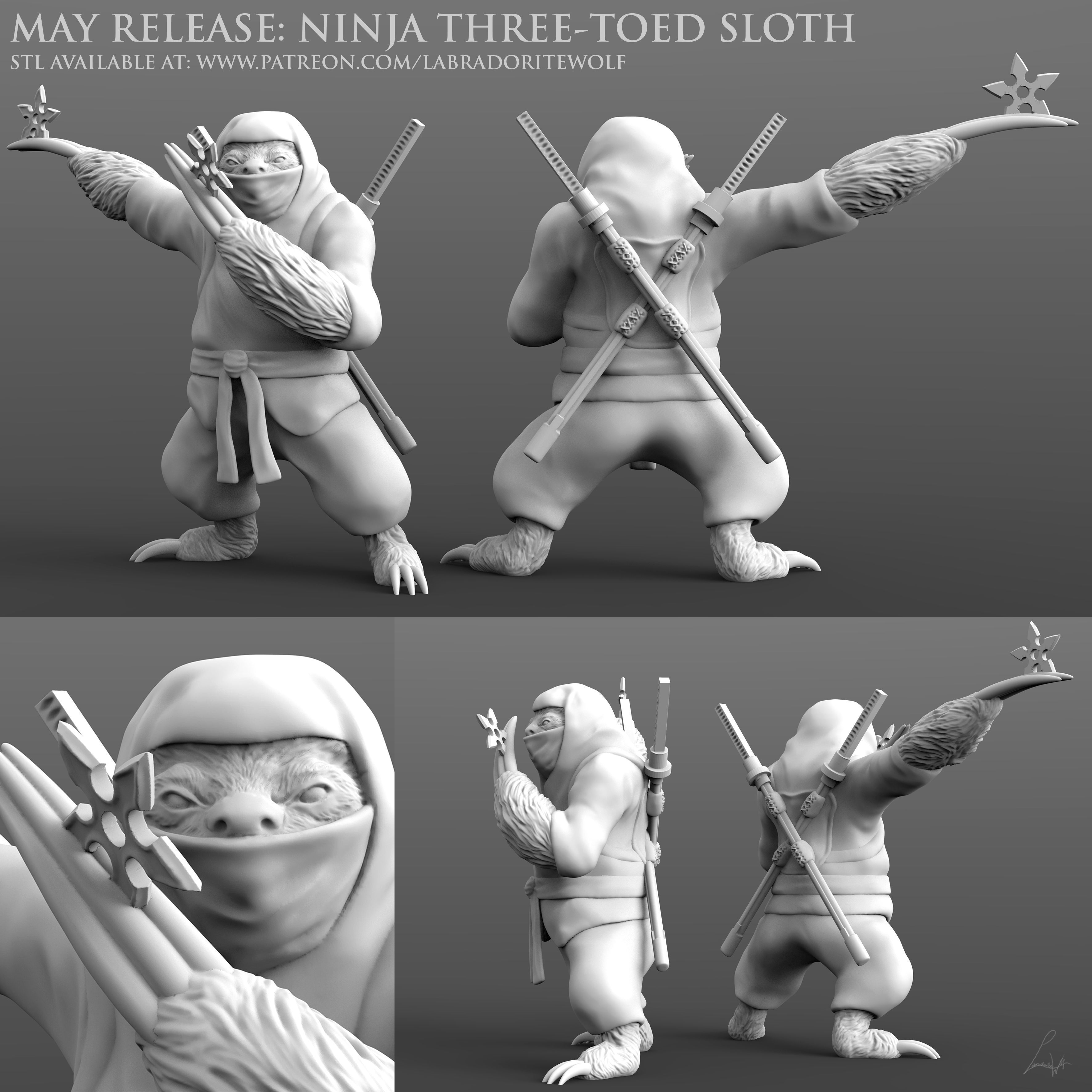 Ninja Three-Toed Sloth 3D model 3D printable | CGTrader