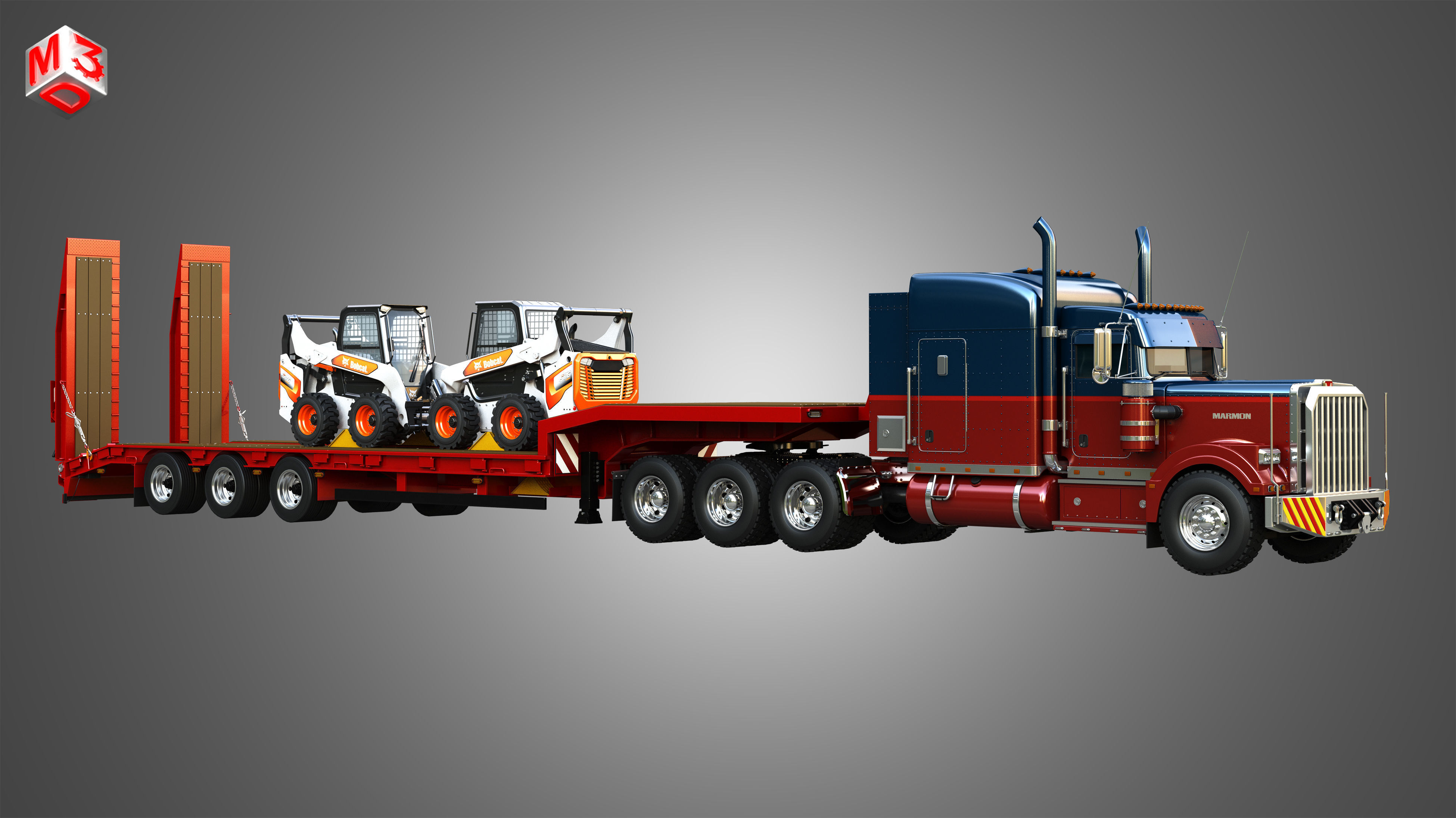 57P Heavy Duty Tri Axle Semi Truck with S76 Skid Steer 3 in 1 3D Model ...