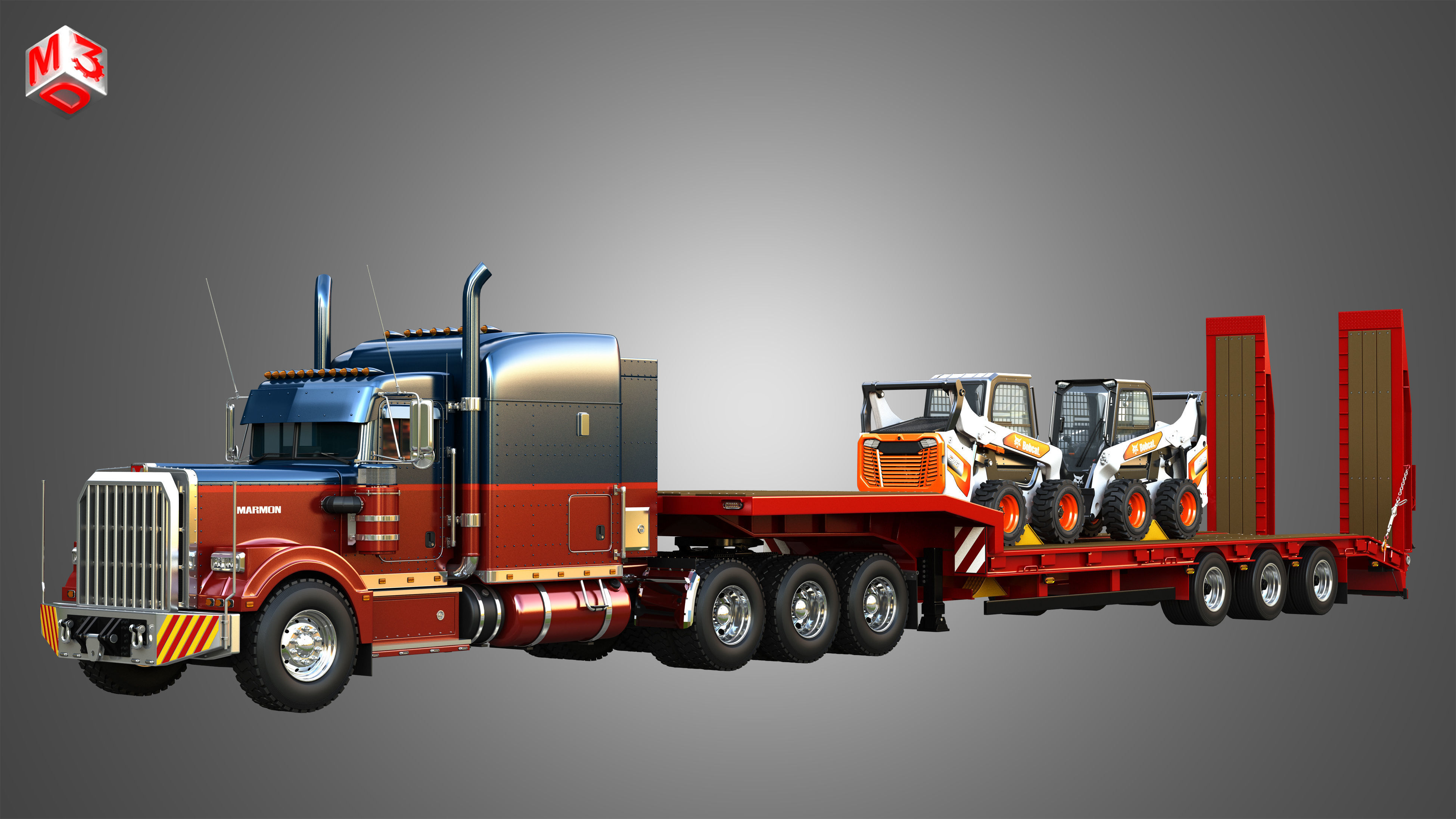 57P Heavy Duty Tri Axle Semi Truck with S76 Skid Steer 3 in 1 3D Model ...