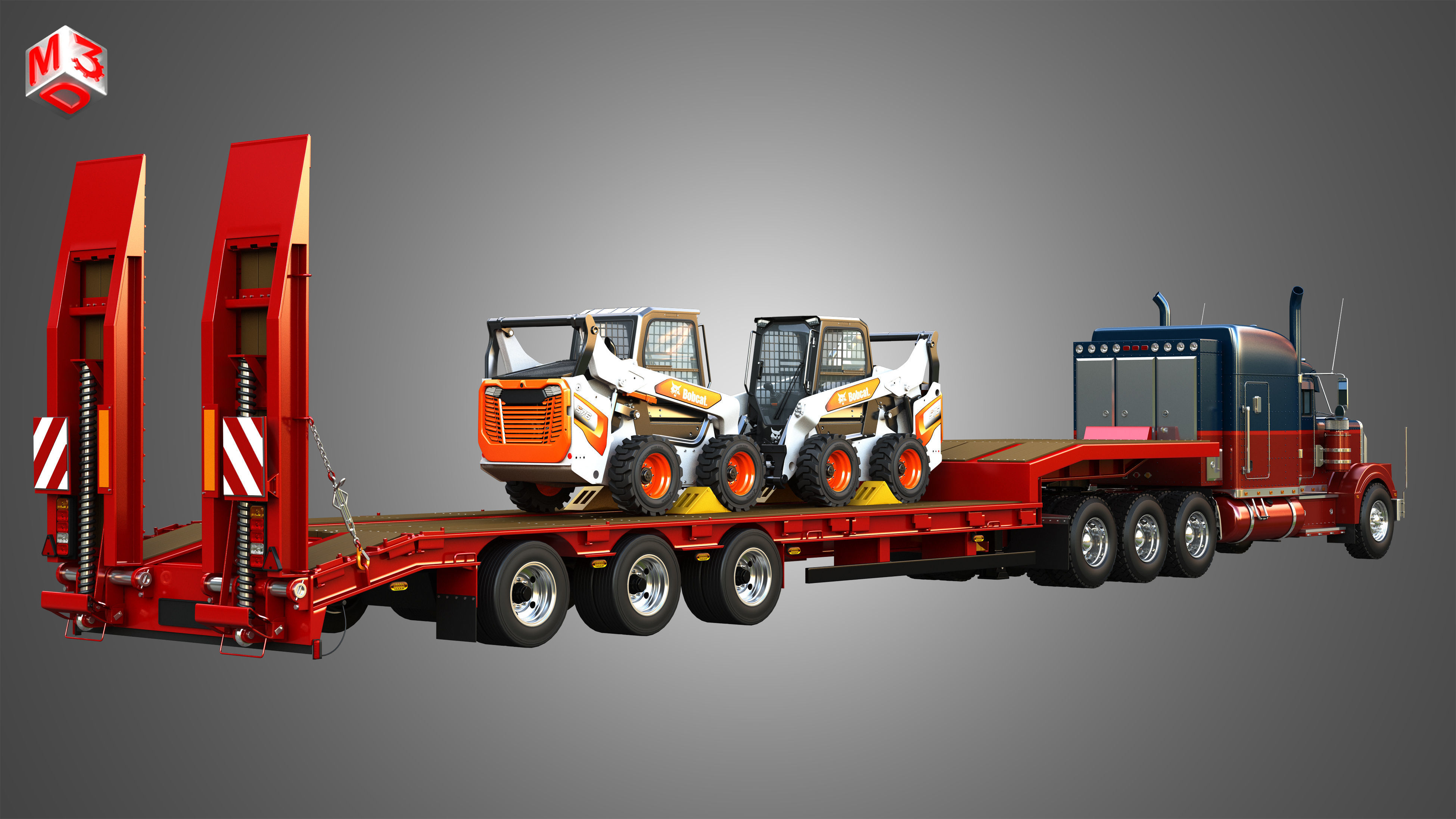 57P Heavy Duty Tri Axle Semi Truck with S76 Skid Steer 3 in 1 3D Model ...