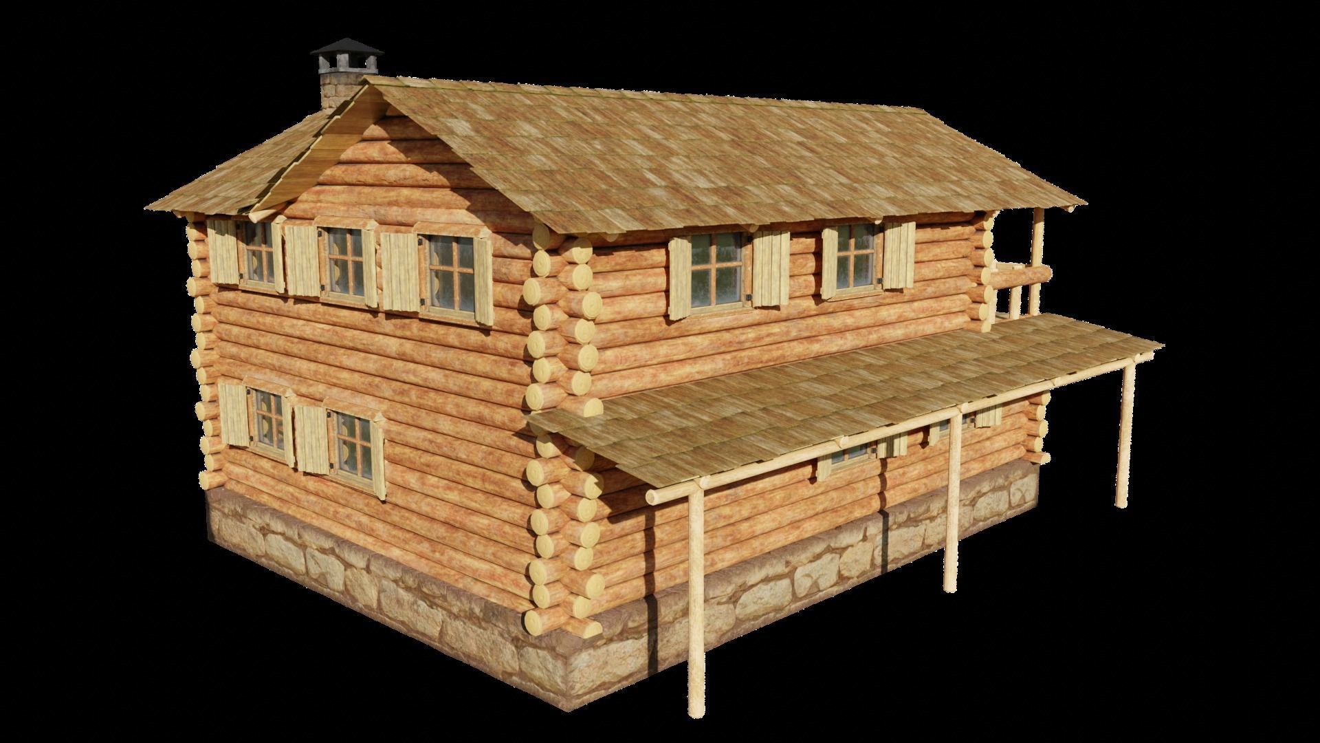 3D model Large Log Cabin with Interior Fireplace Doors and Windows VR ...