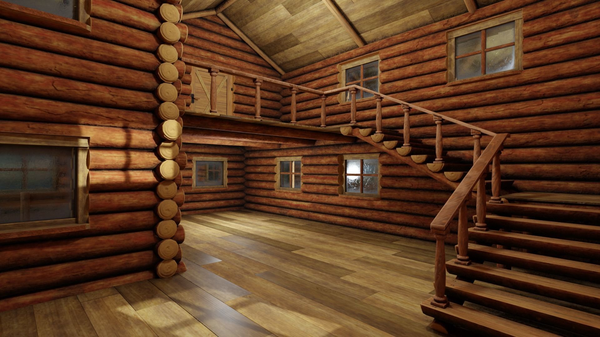 3D model Large Log Cabin with Interior Fireplace Doors and Windows VR ...