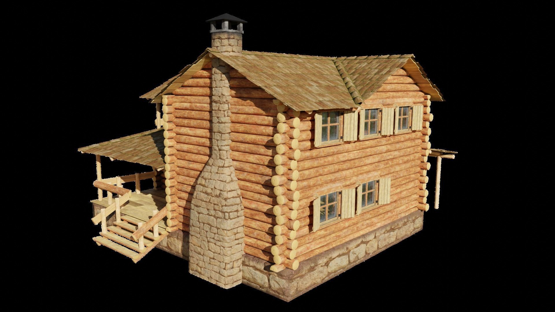 3D model Large Log Cabin with Interior Fireplace Doors and Windows VR ...
