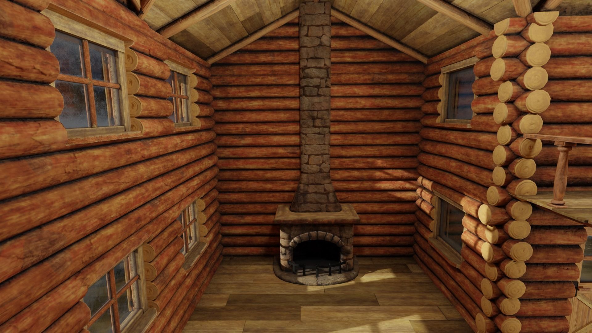 3D model Large Log Cabin with Interior Fireplace Doors and Windows VR ...